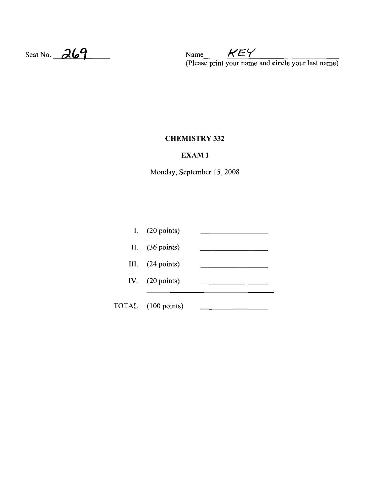 Organic Chemistry II - Answer Key for Exam 1 | CHEM 332 - Docsity