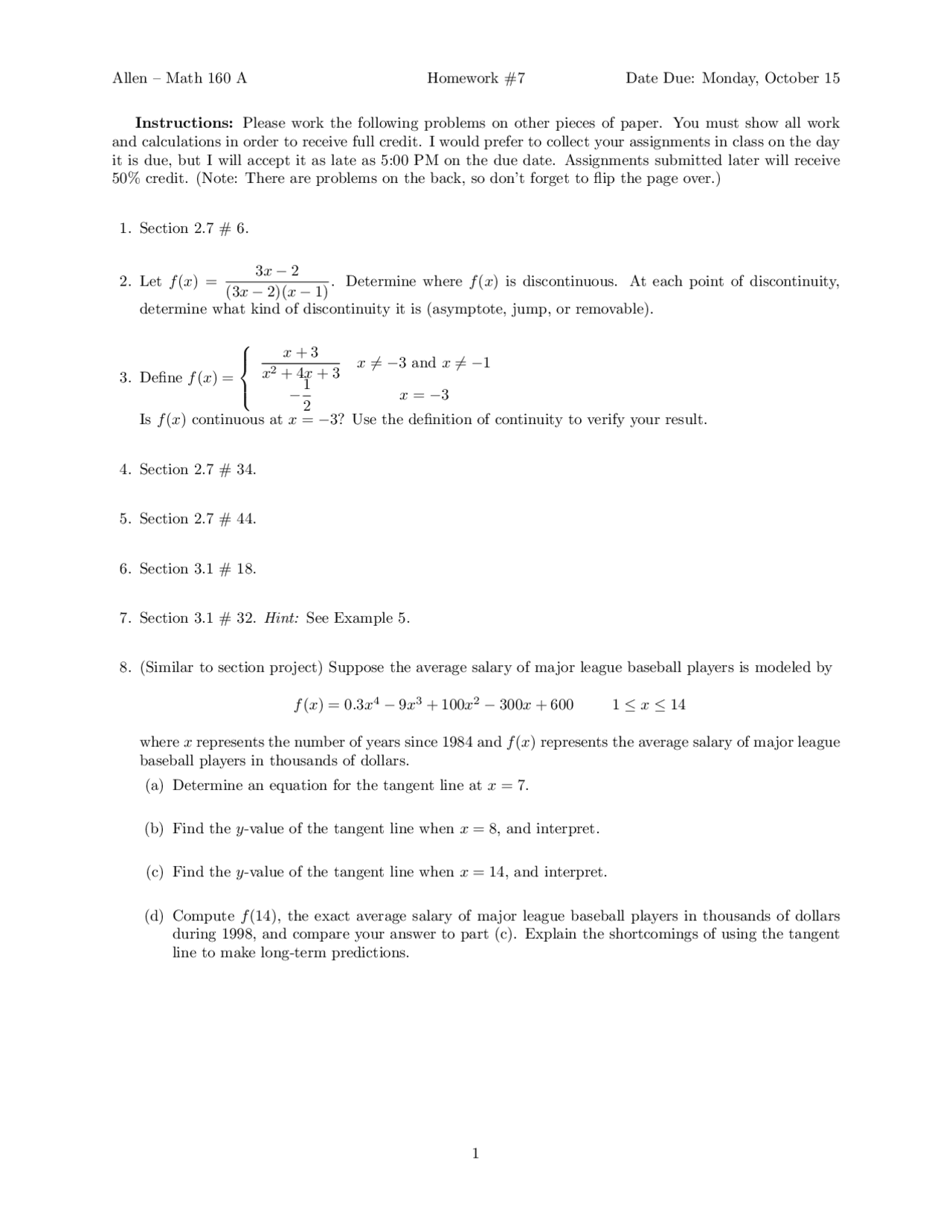 Homework 7 Questions - Survey of Calculus | MATH 160 - Docsity
