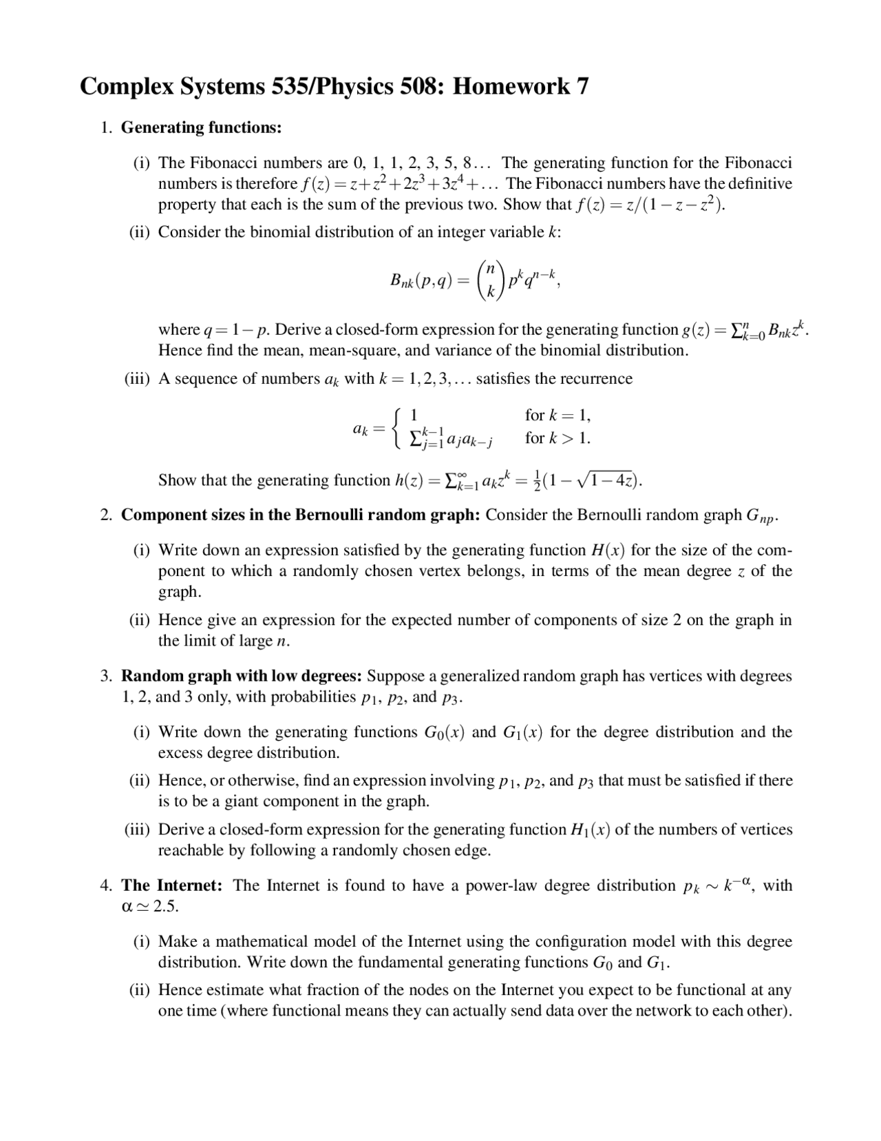 4 Practice Problems on Network Theory - Homework 7 | PHYSICS 508 - Docsity