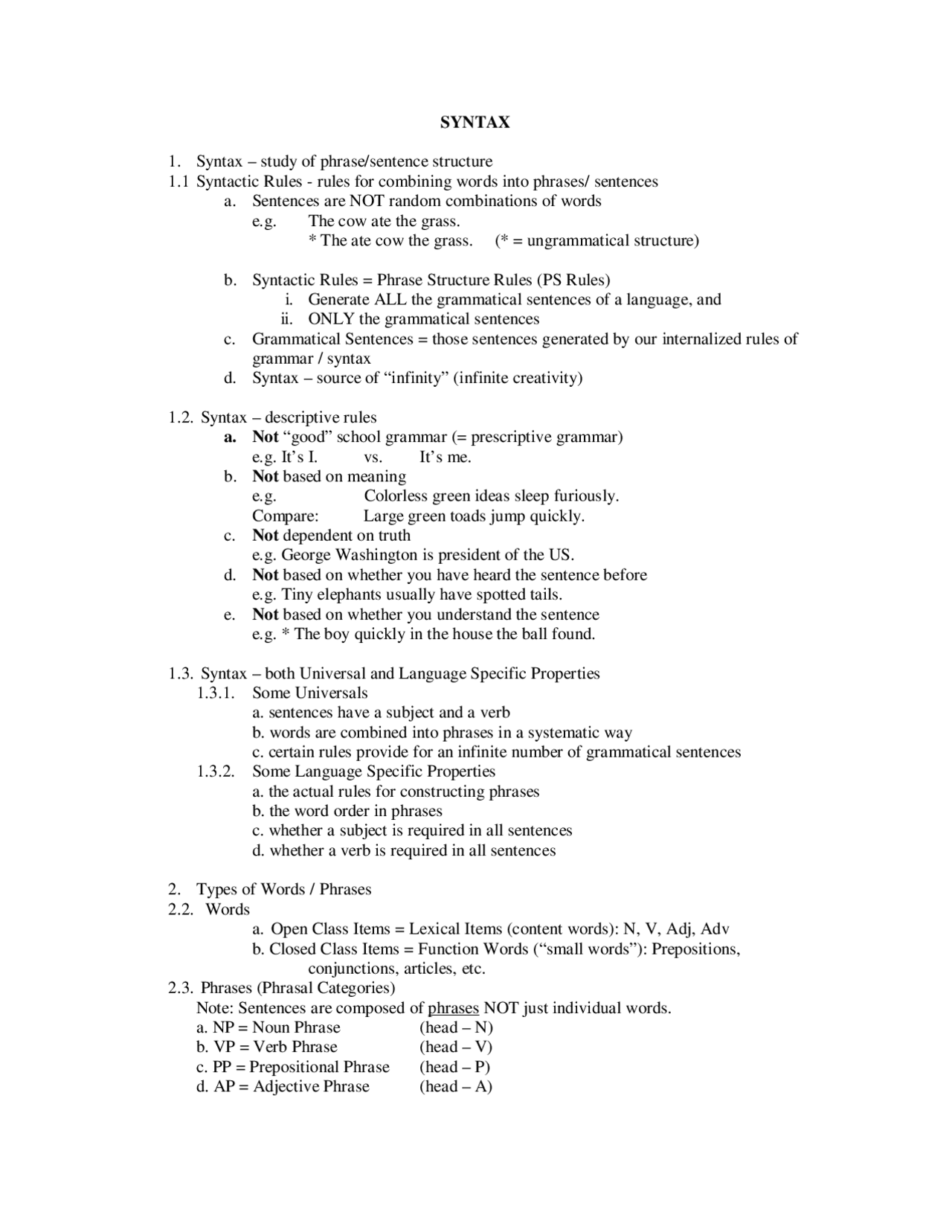 Syntax Study of Phrase and Sentence Structure - Notes | LING 101 - Docsity