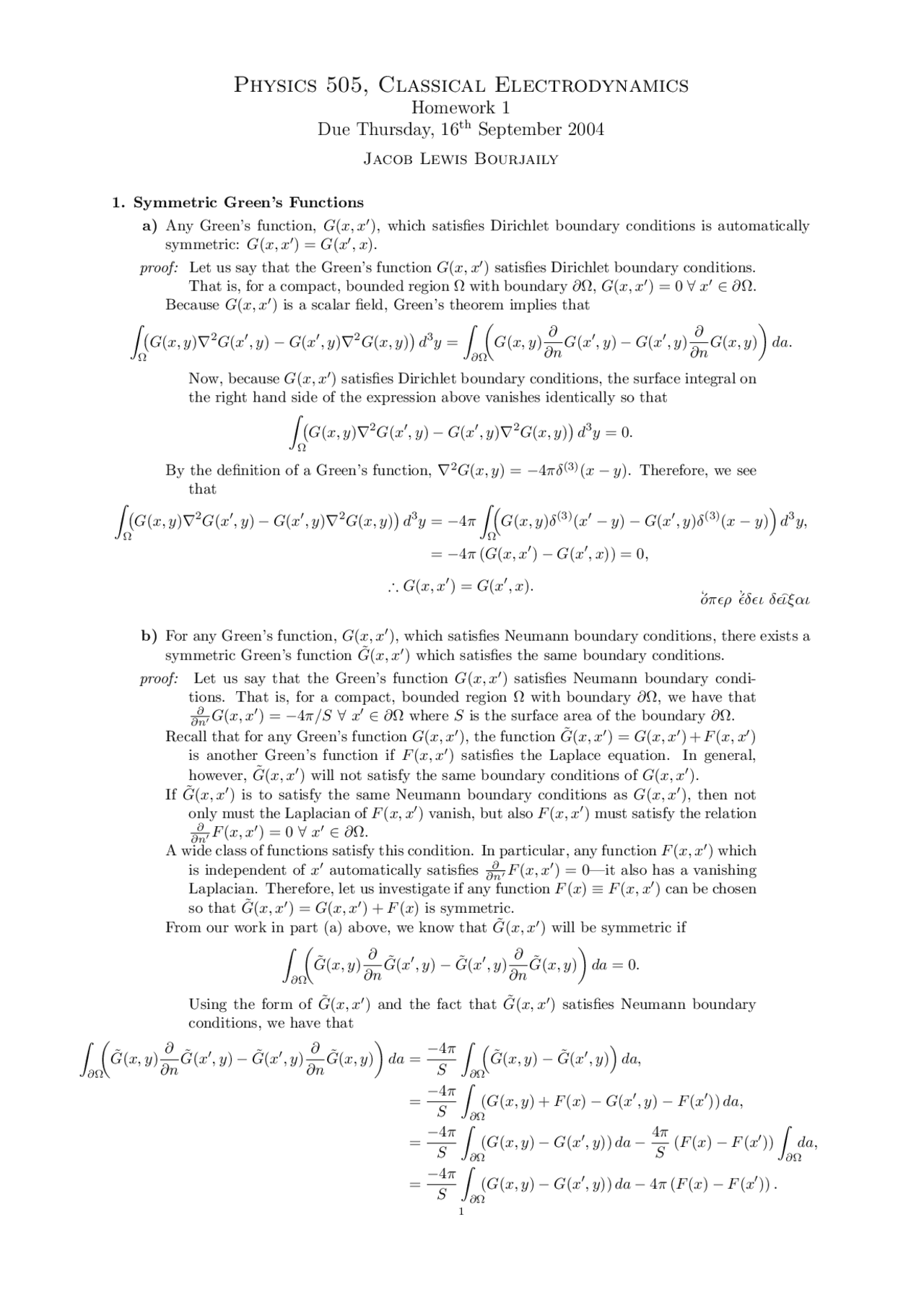 Classical Electrodynamics Homework 1 Fall 2004 Physics 505 Docsity