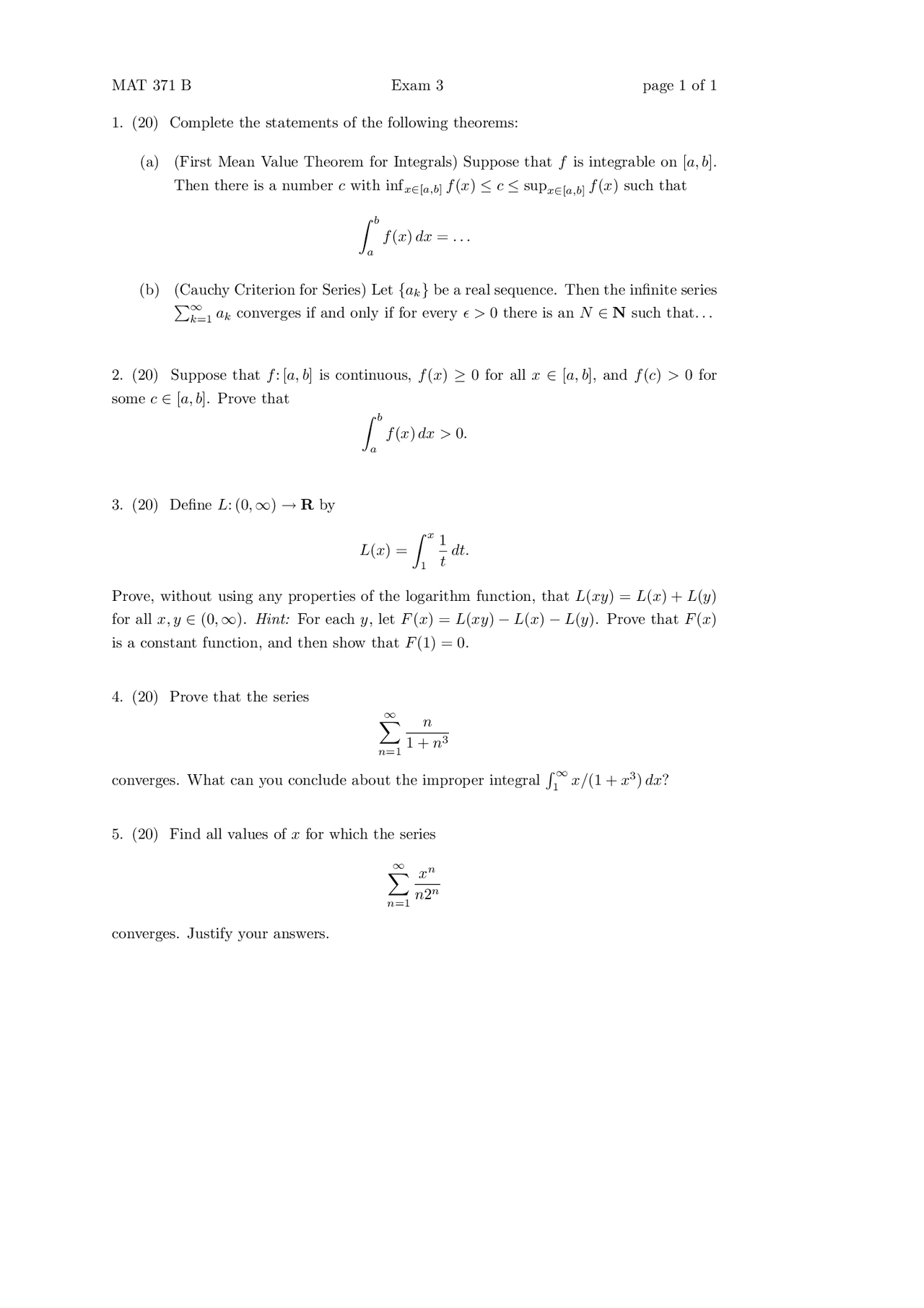 Exam 3 Questions - Advanced Calculus I | MAT 371 - Docsity
