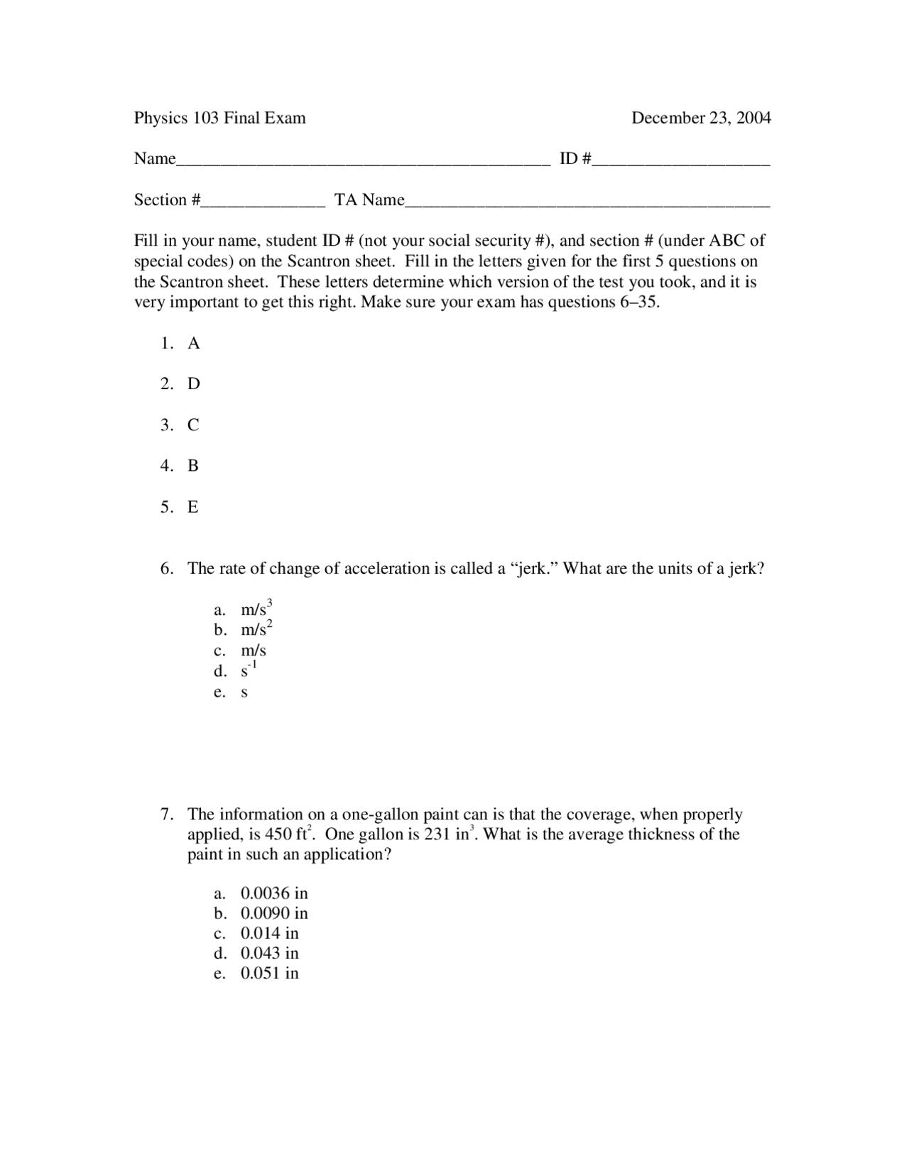 Physics Exam | Exams Physics | Docsity