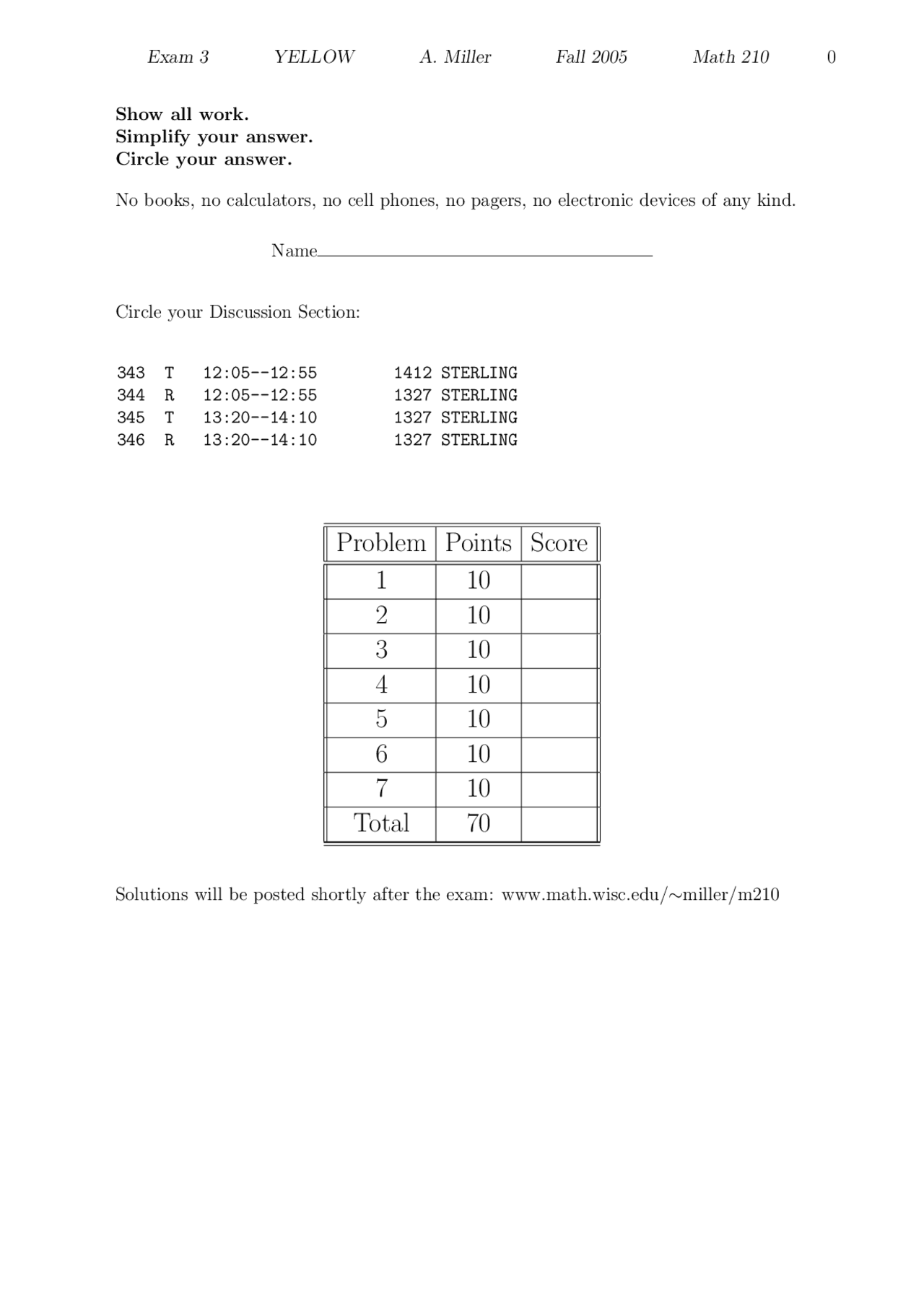 Past Exam 3 With Resolution Topics In Finite Mathematics Math 210