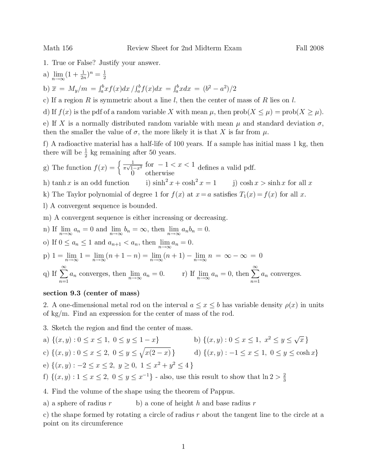 Review Sheet For Midterm 2 Applied Honors Calculus Ii Math 156