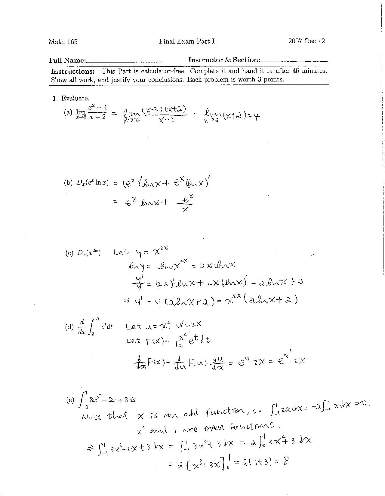 Take Home Final Exam with Solutions - Calculus I | MATH 165 - Docsity