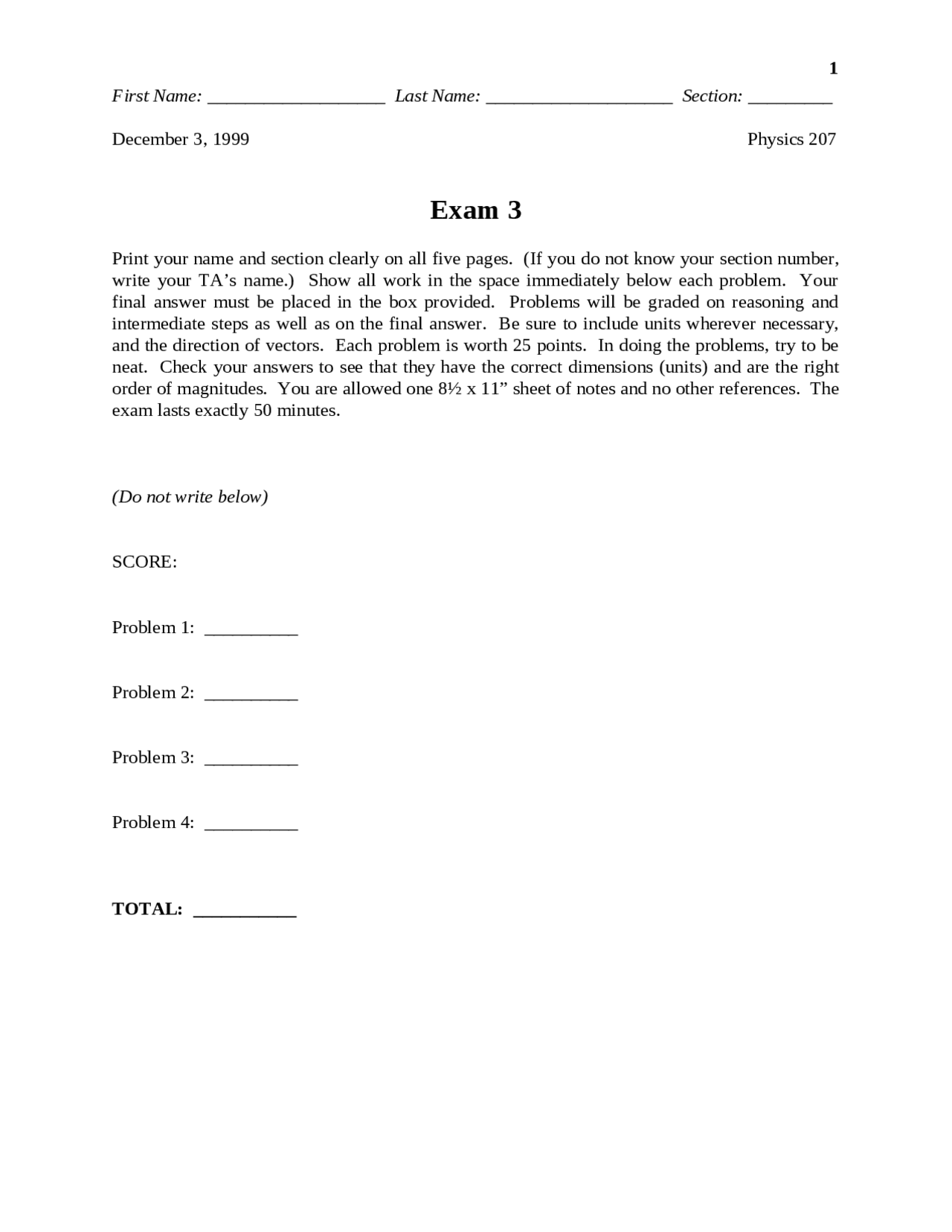 Exam 3 for General Physics - 1999 | PHYSICS 207 - Docsity