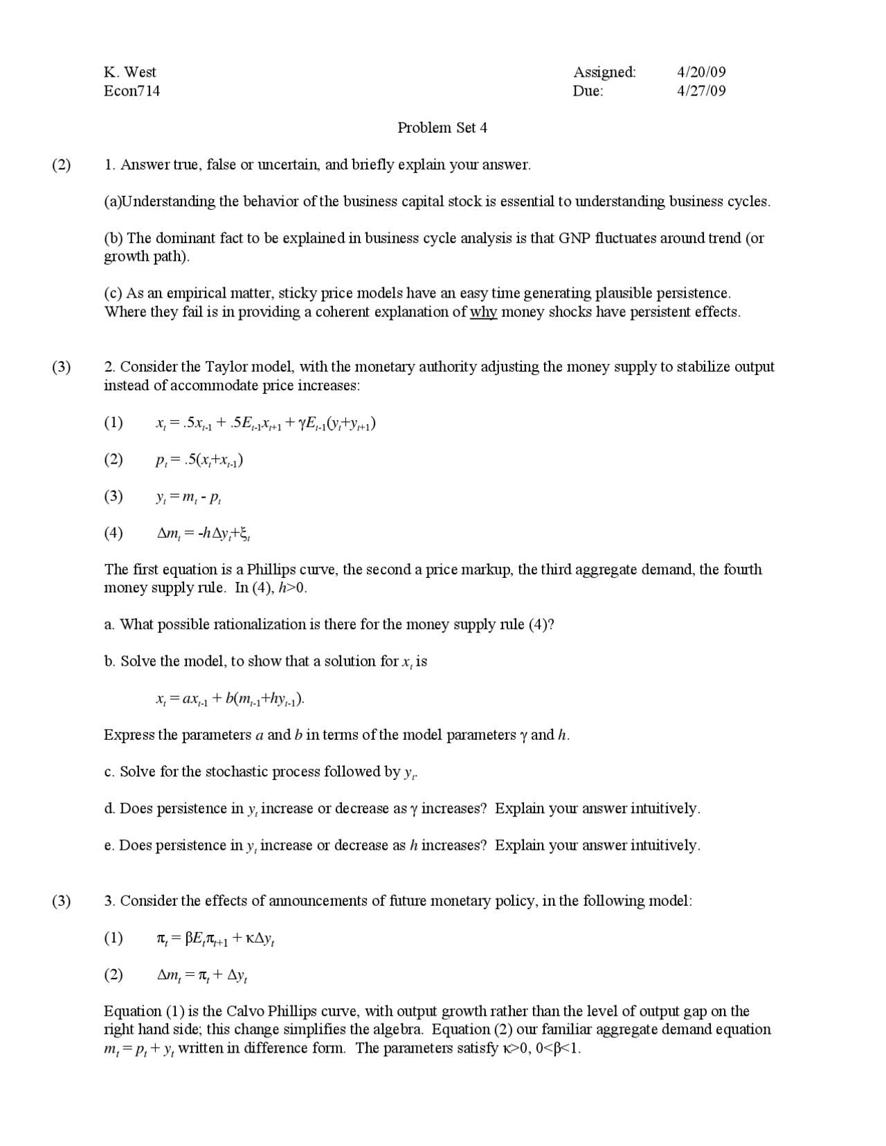Problem Set 4 Economic Theory Macroeconomics Sequence Econ 714