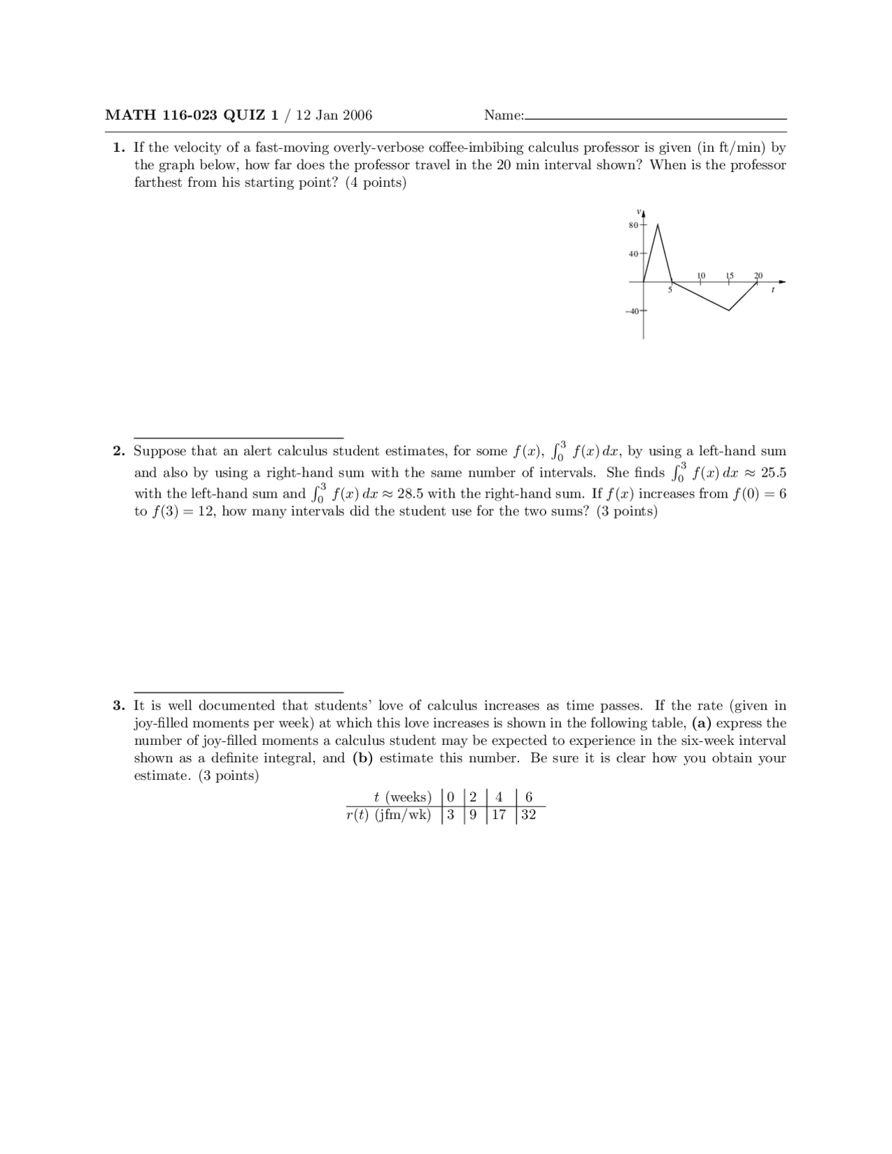 Find Velocity Quiz 1 Problems - Calculus II | MATH 116 - Docsity