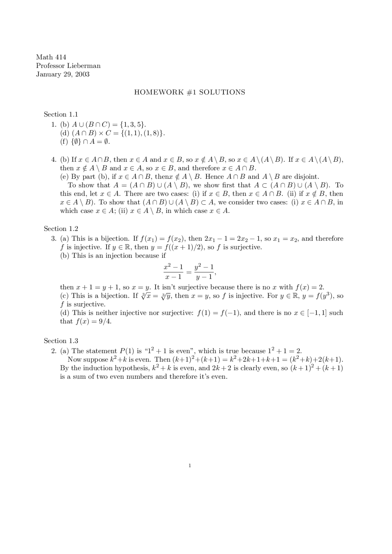 Homework 1 Solutions For Analysis I Math 414 Docsity