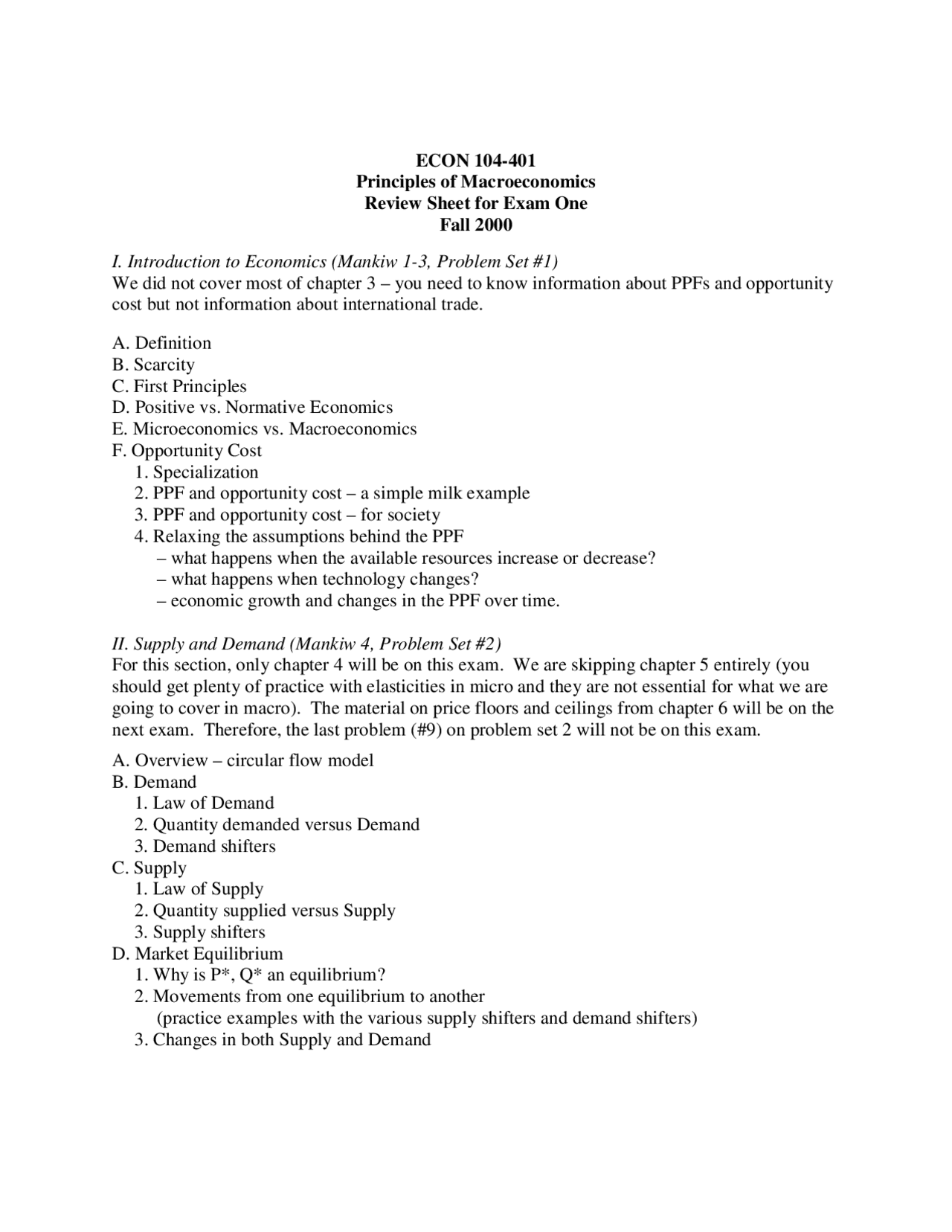 Review Sheet For Exam One Principles Of Macroeconomics Econ 104