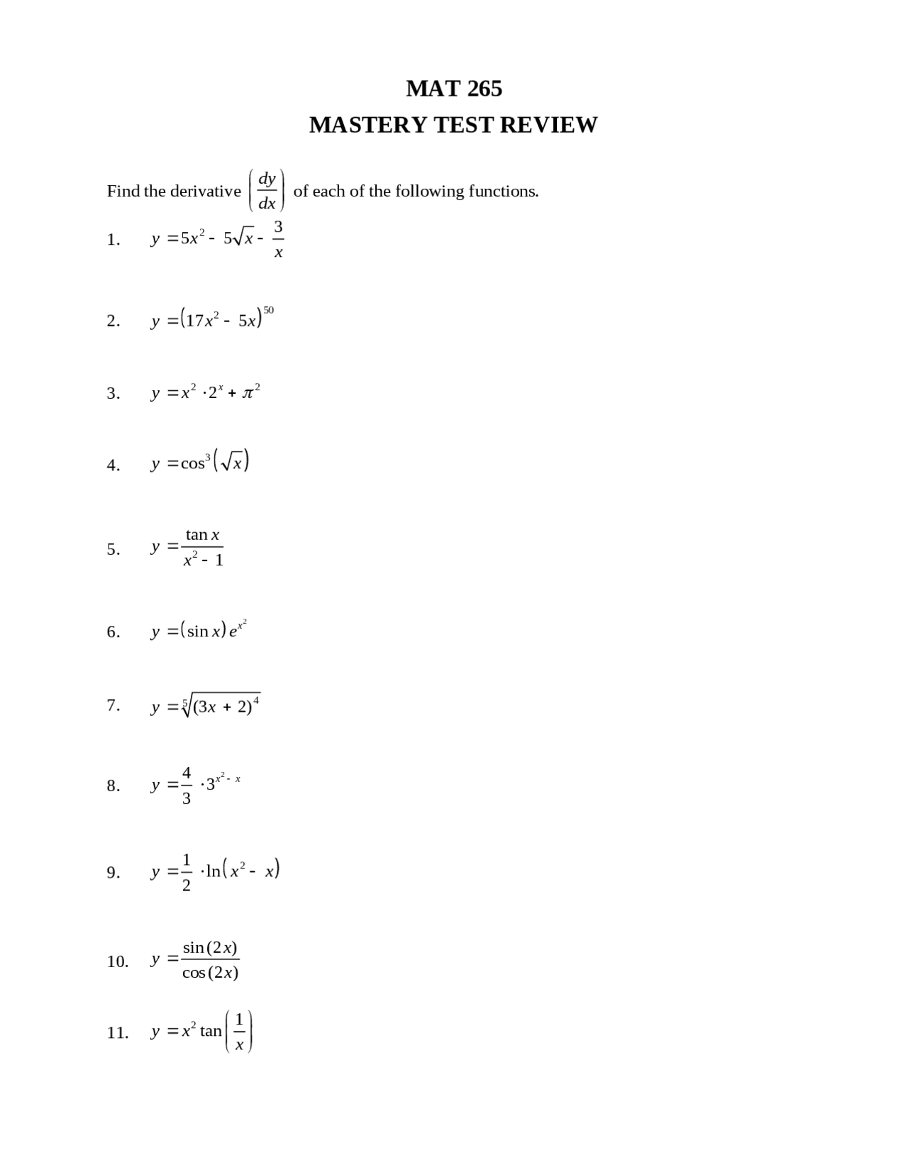 Mastery Test Review Calculus For Engineers I Mat 265 Docsity