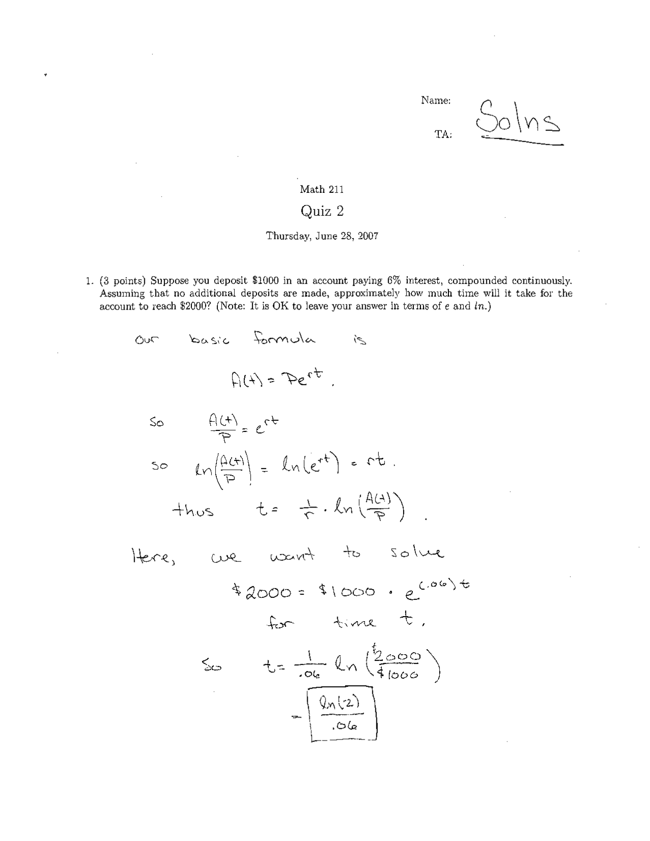 Solutions To Quiz 2 Calculus Math 211 Docsity