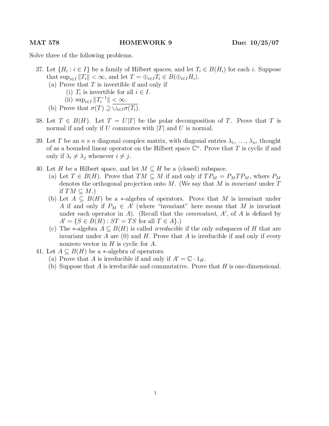 Functional Analysis Homework 9 Questions Mat 578 Docsity