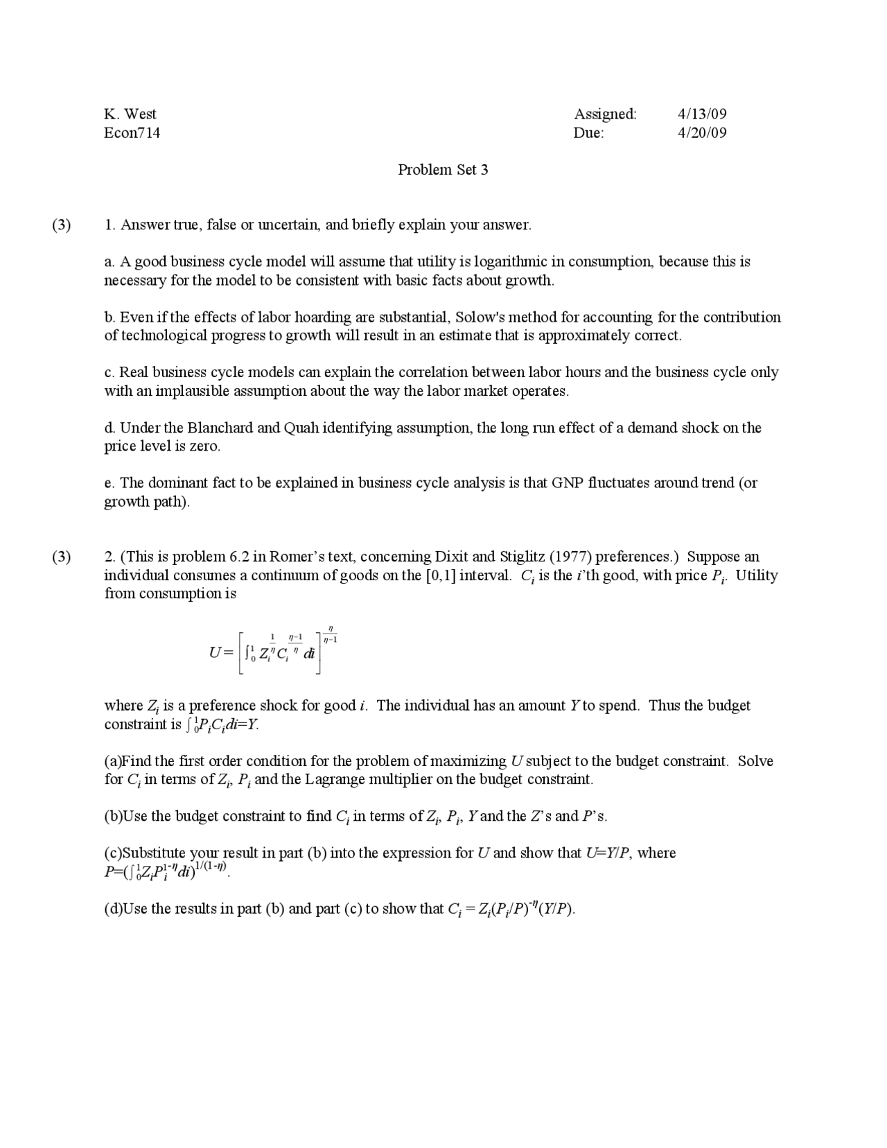 Problem Set 3 Practice Economic Theory Docsity