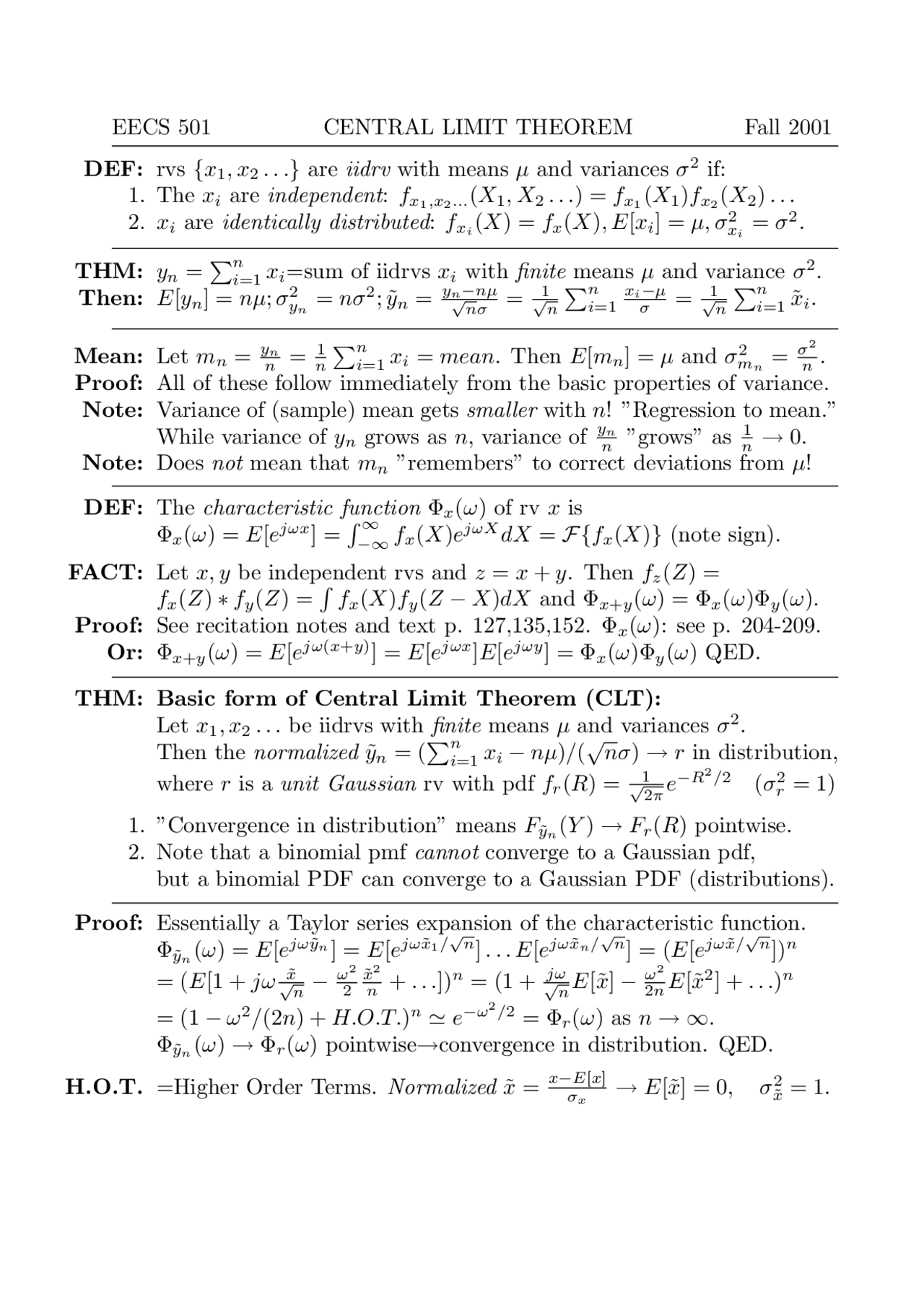 Notes On Central Limit Theorem Eecs 501 Docsity