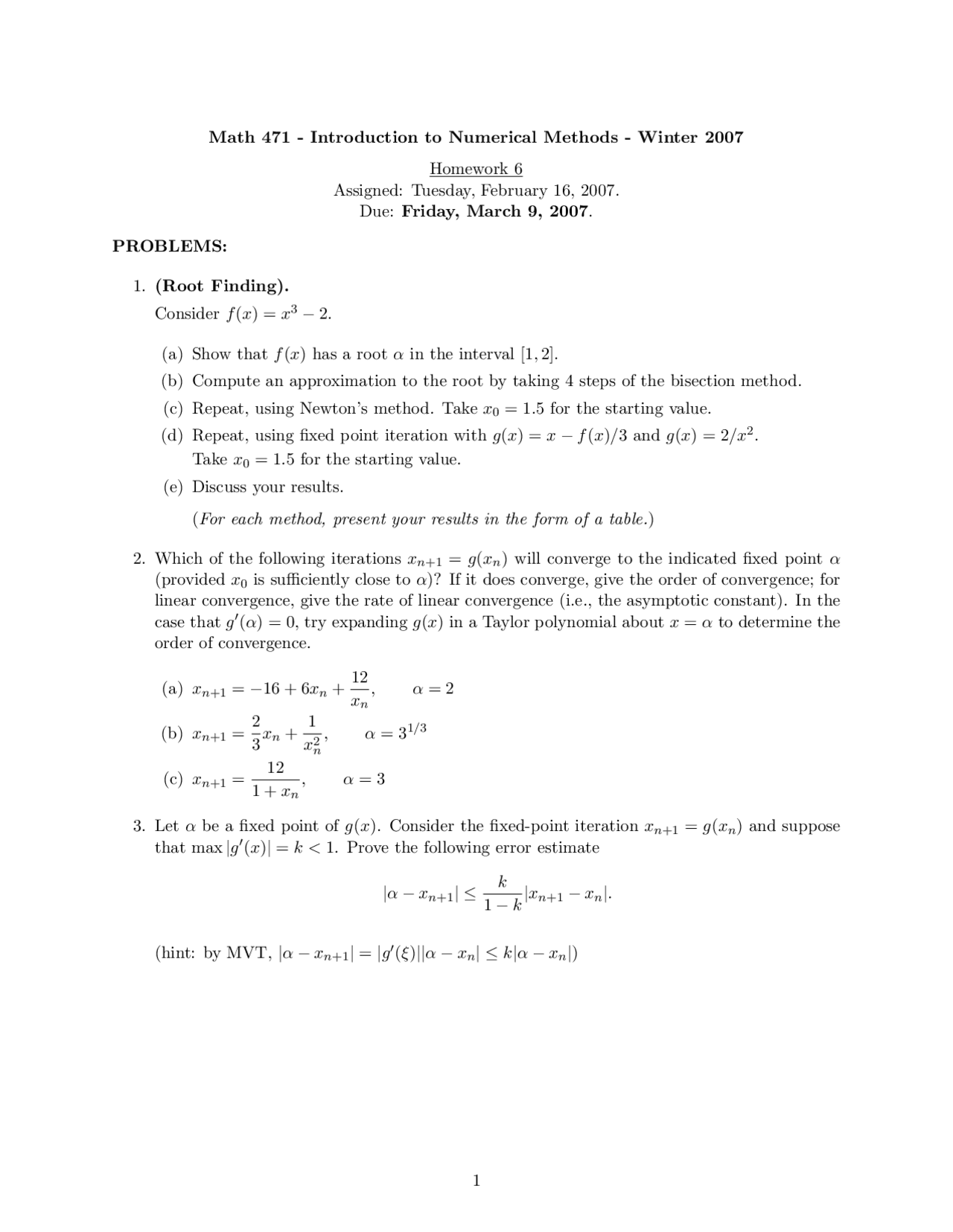 5 Problems On Introduction To Numerical Methods Homework 6 Math 471