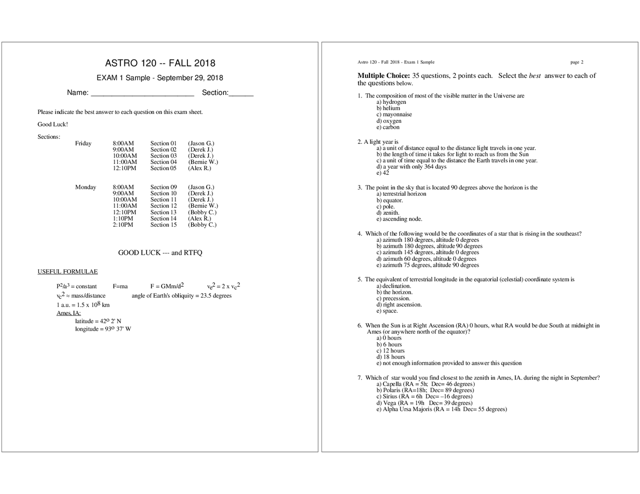 Exam 1 Sample For Sky And Solar System Astro 120 Docsity
