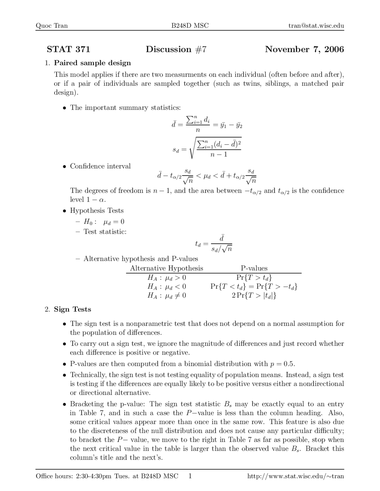 Discussion 7 on Paired Sample Design, Sign Tests | STAT 371 - Docsity