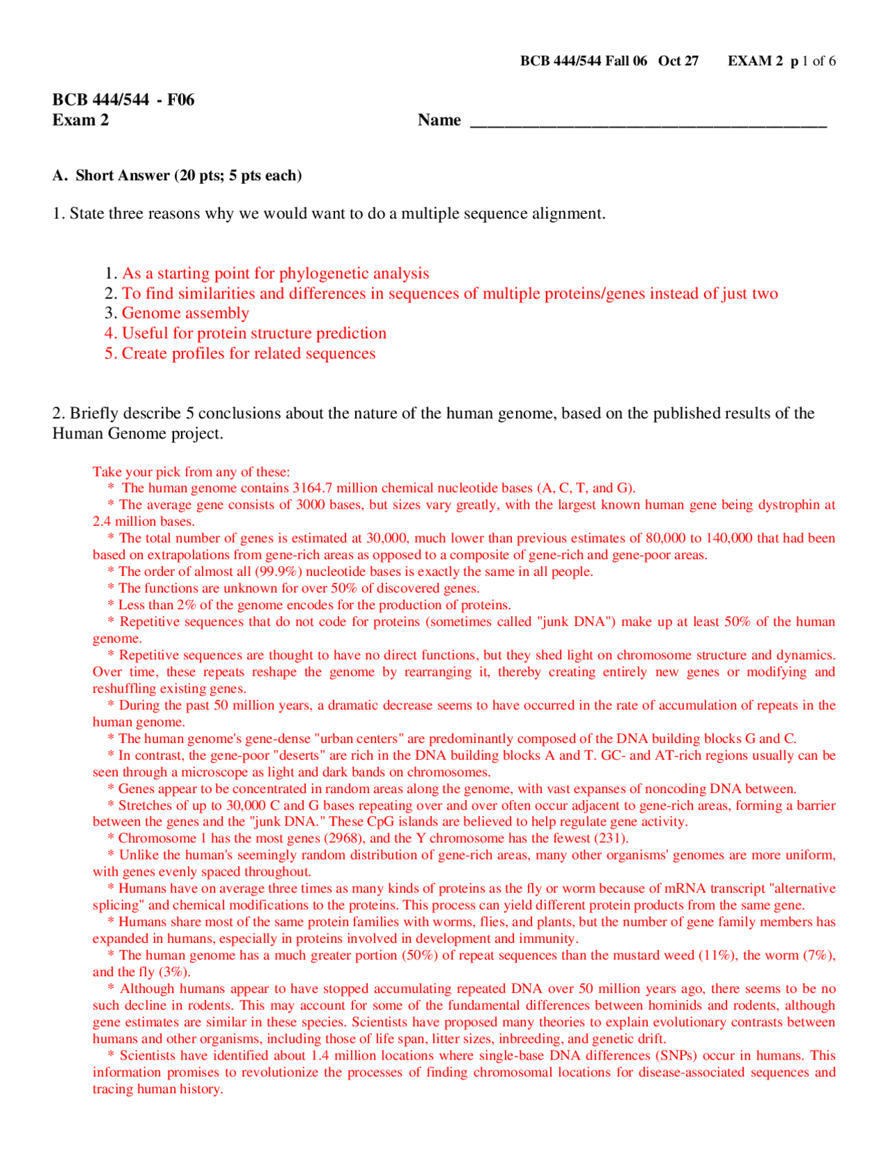 Exam 2 With Solution For Introduction To Bioinformatics Bcb 444 Docsity