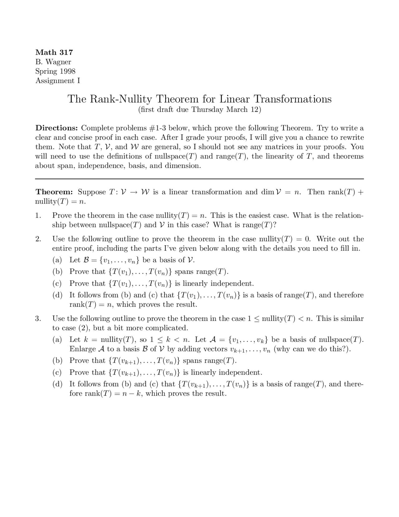 The Rank Nullity Theorem for Linear Transformations | MATH 317 - Docsity