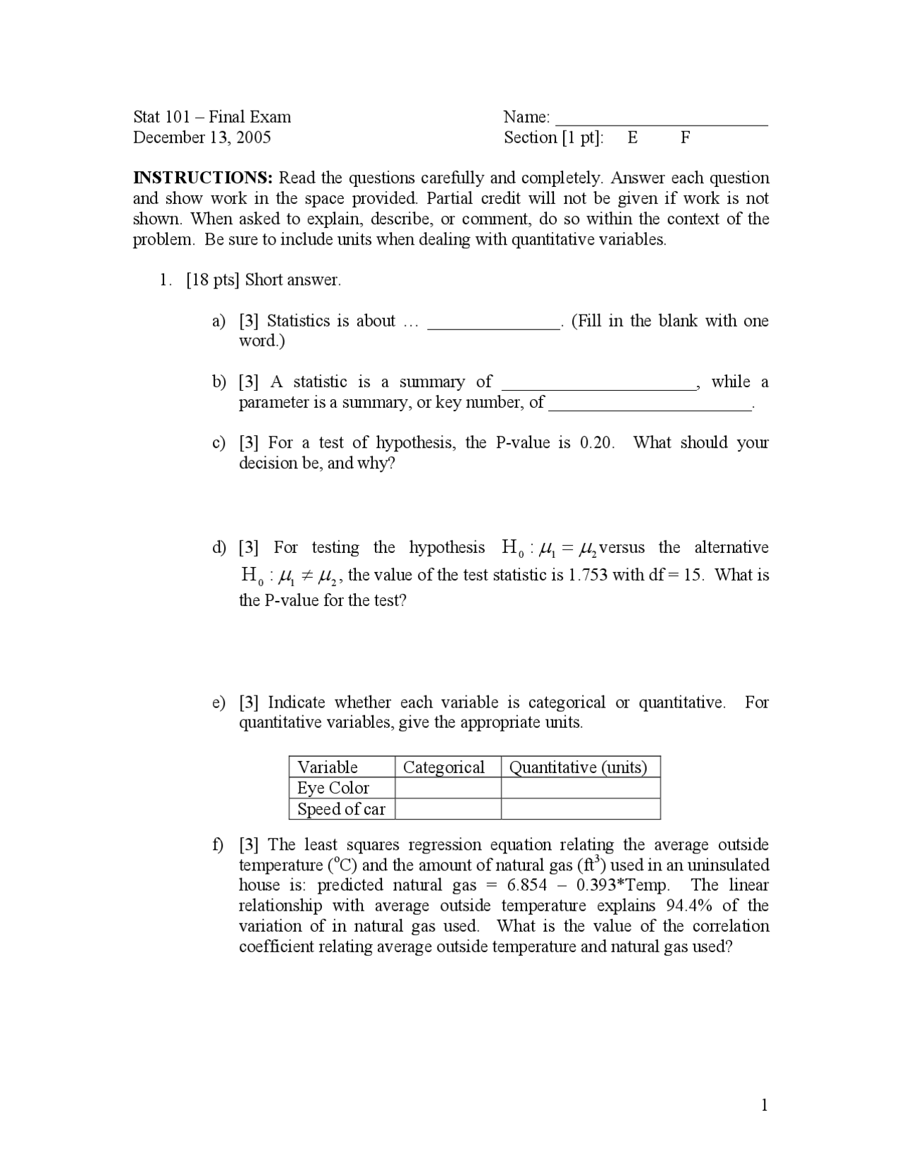 Final Exam Questions Principles Of Statistics Stat 101 Exams Statistics Docsity