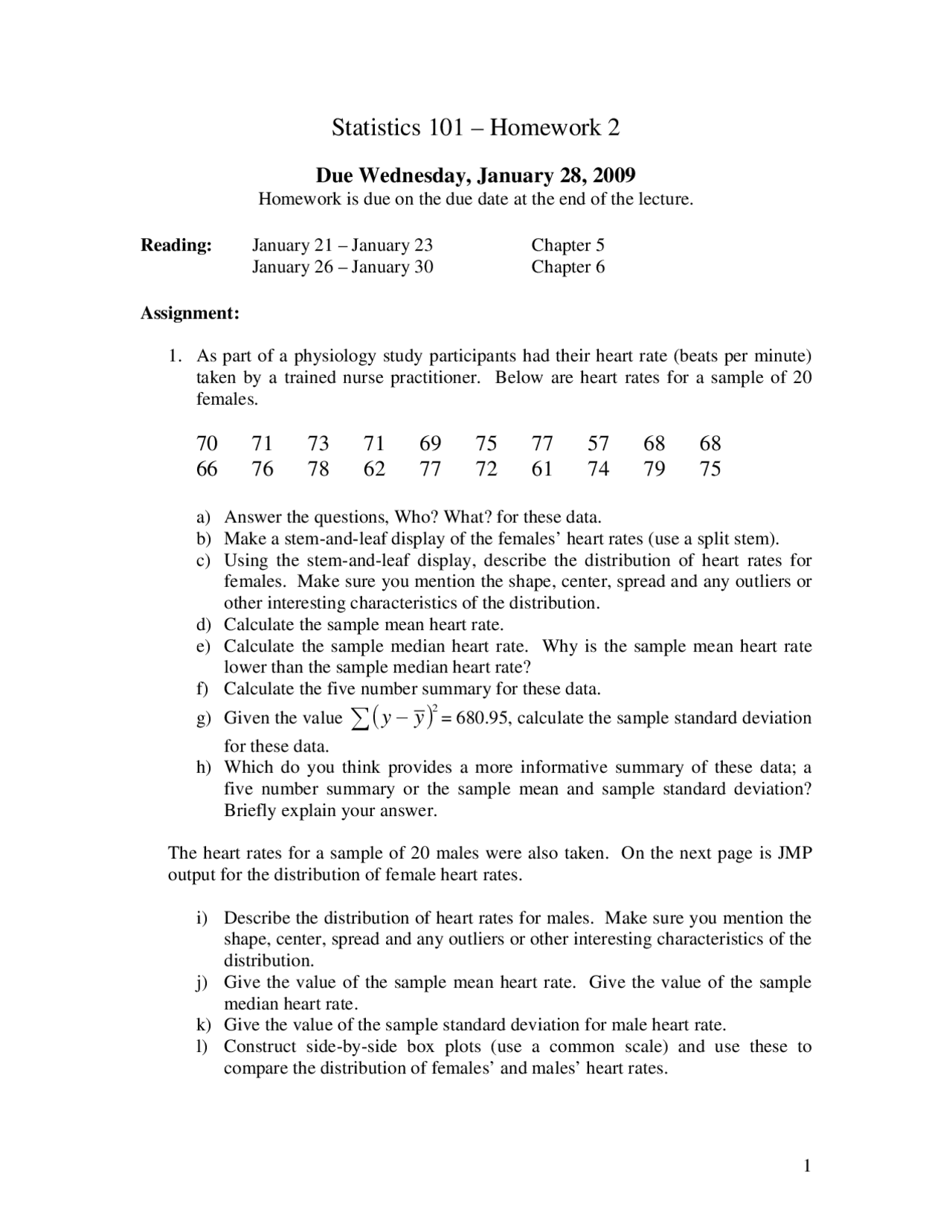 Homework 2 Questions Principles Of Statistics Stat 101 Docsity