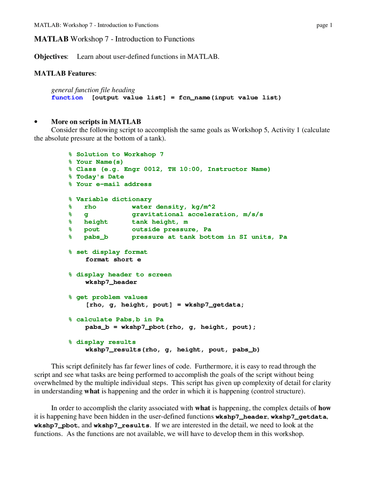 Introduction To Functions Matlab Workshop 7 Engr 0012 Docsity