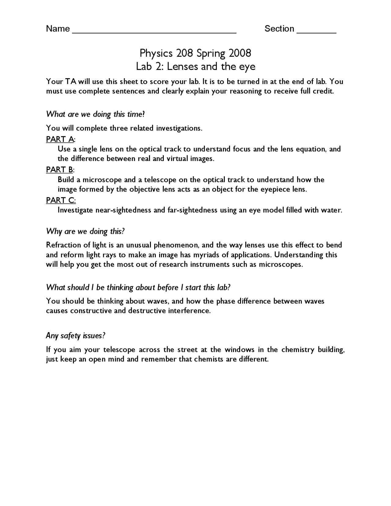 Lab 2 Lenses And The Eye General Physics Physics 208 Docsity