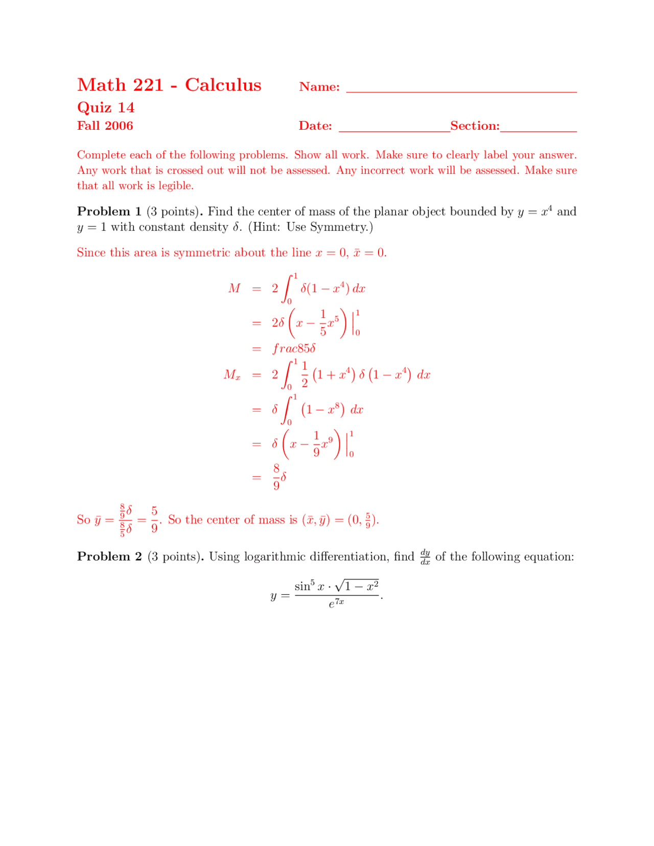 Solutions For Quiz 14 Calculus And Analytic Geometry Math 221 Docsity