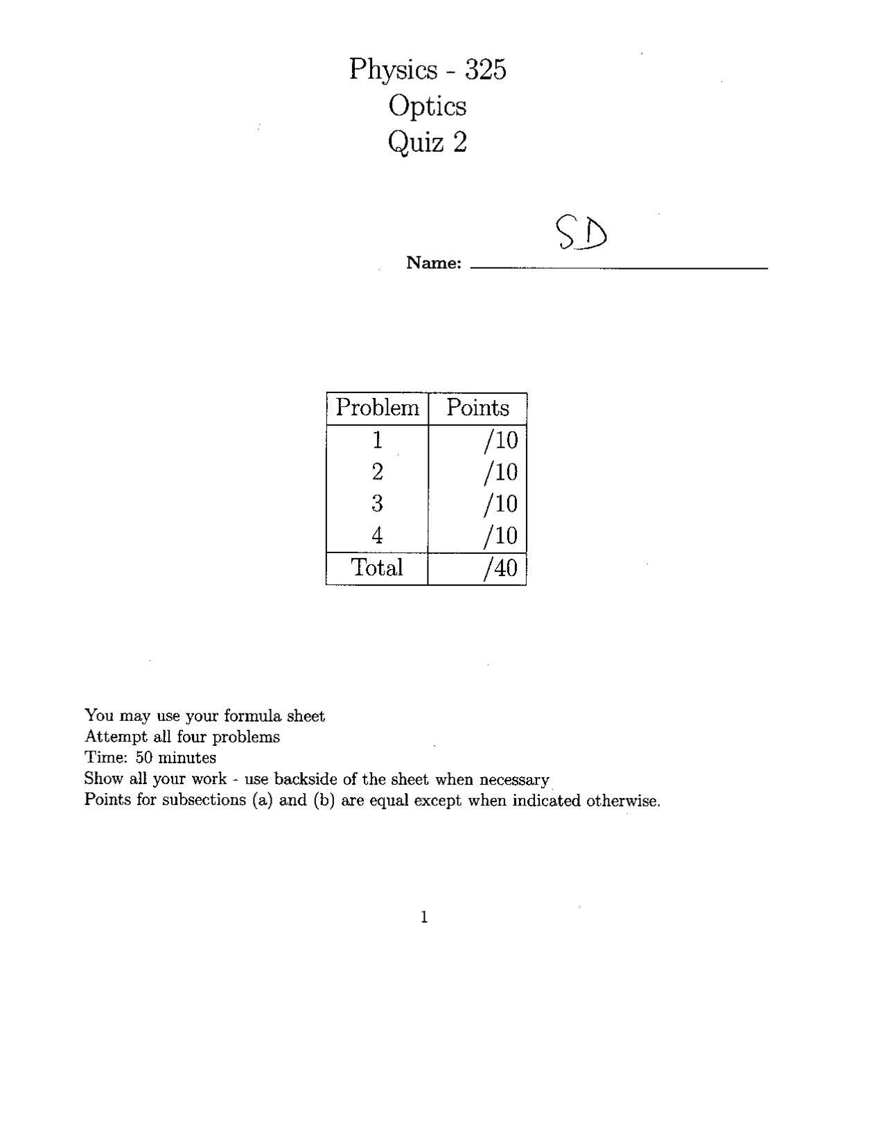 Quiz 2 With Solutions Wave Motion And Optics Physics 325 Docsity