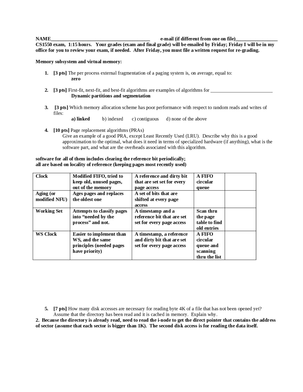 Final Exam For Introduction To Operating Systems Cs 1550 Exams Computer Science Docsity