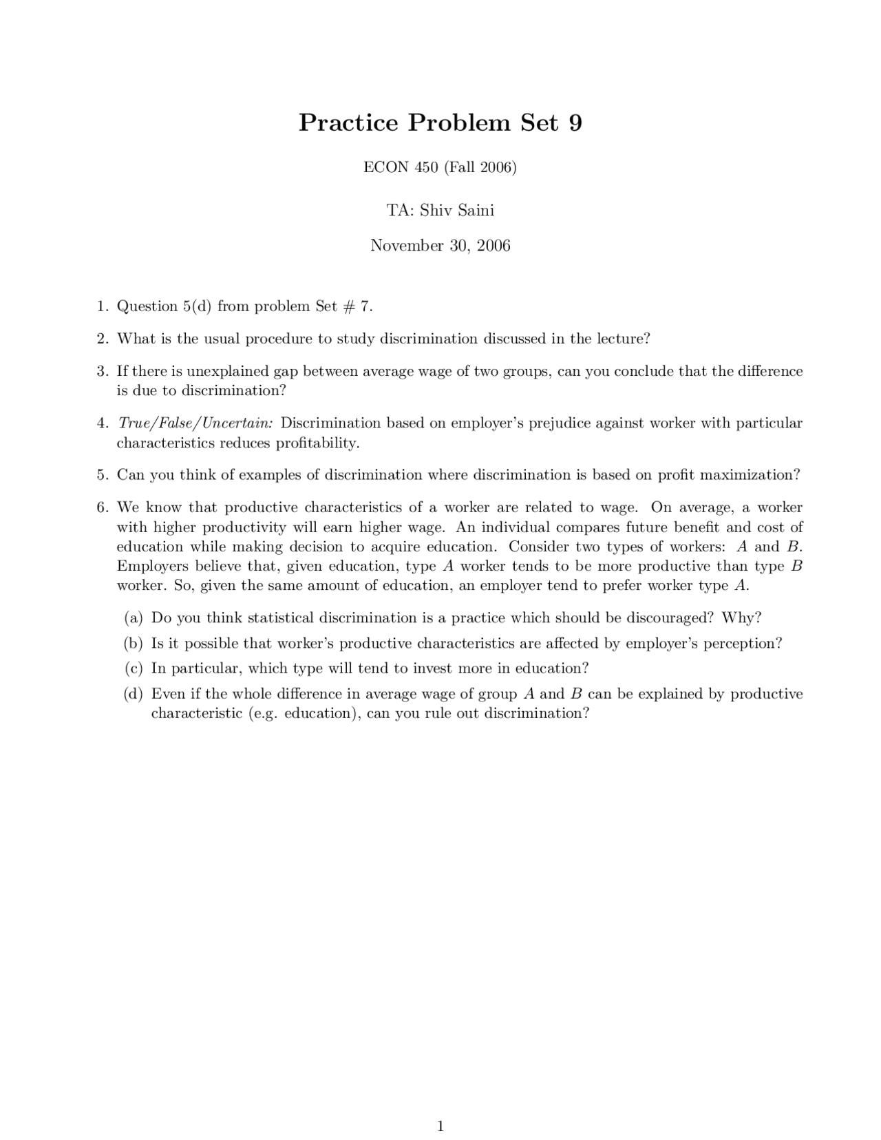 Practice Problem Set 9 Wages And The Labor Market Econ 450 Docsity