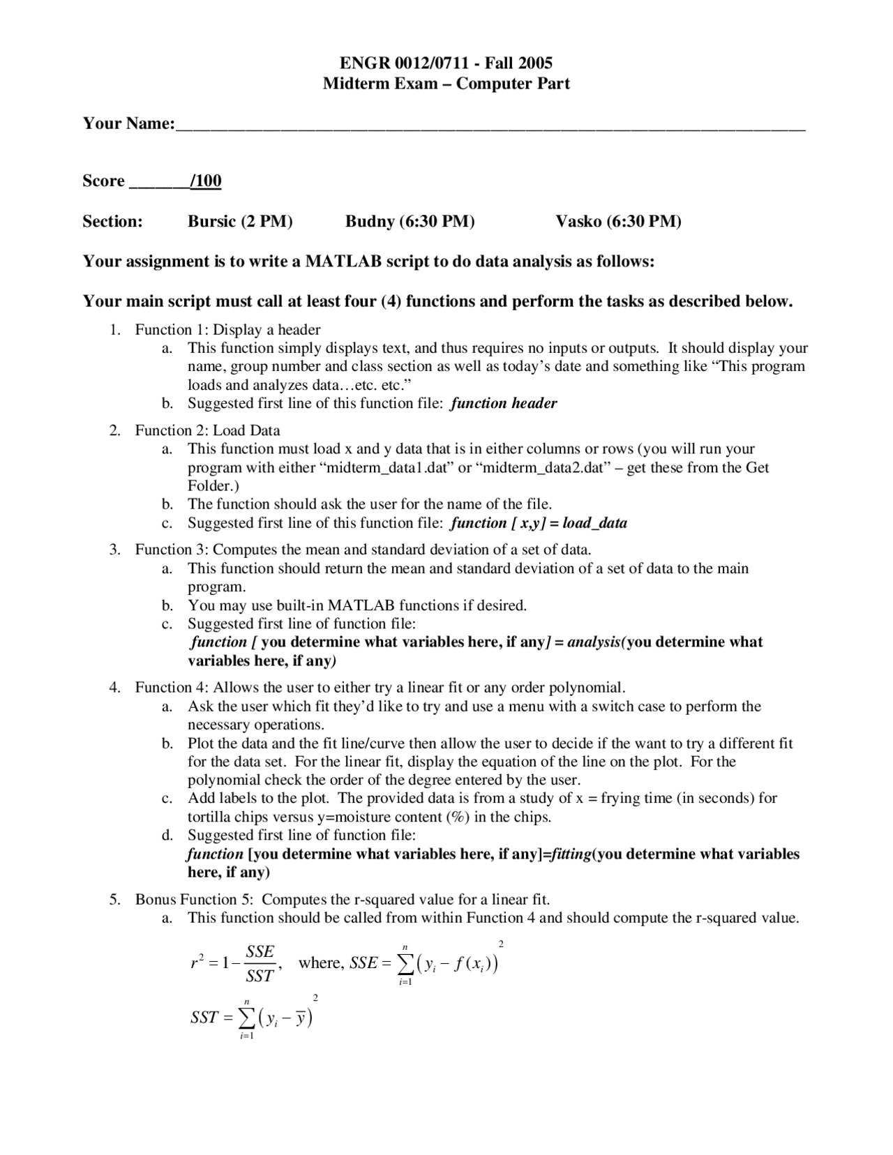 Practice Midterm Exam Introduction To Engineering Computing Engr 0012 Docsity