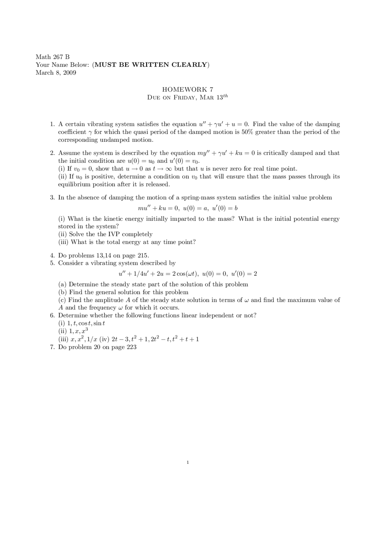 Homework 7 Questions Elementary Differential Equations Transforms Math 267 Docsity