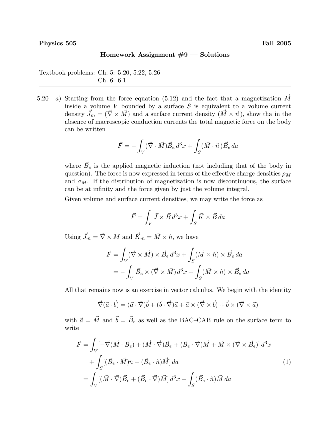 Homework 9 Solutions Electricity And Magnetism I Fall 2005