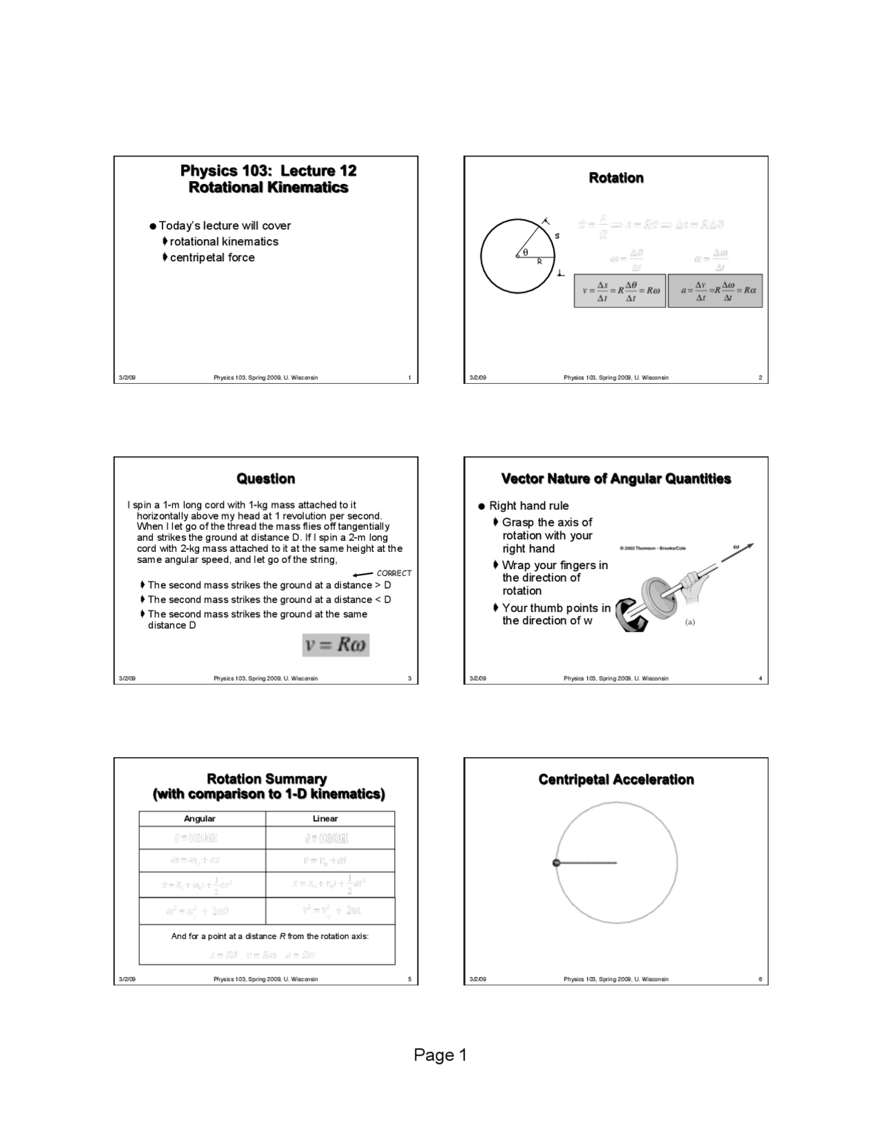Rotational Kinematics, Centripetal Force - Lecture Slides | PHYSICS 103 - Docsity