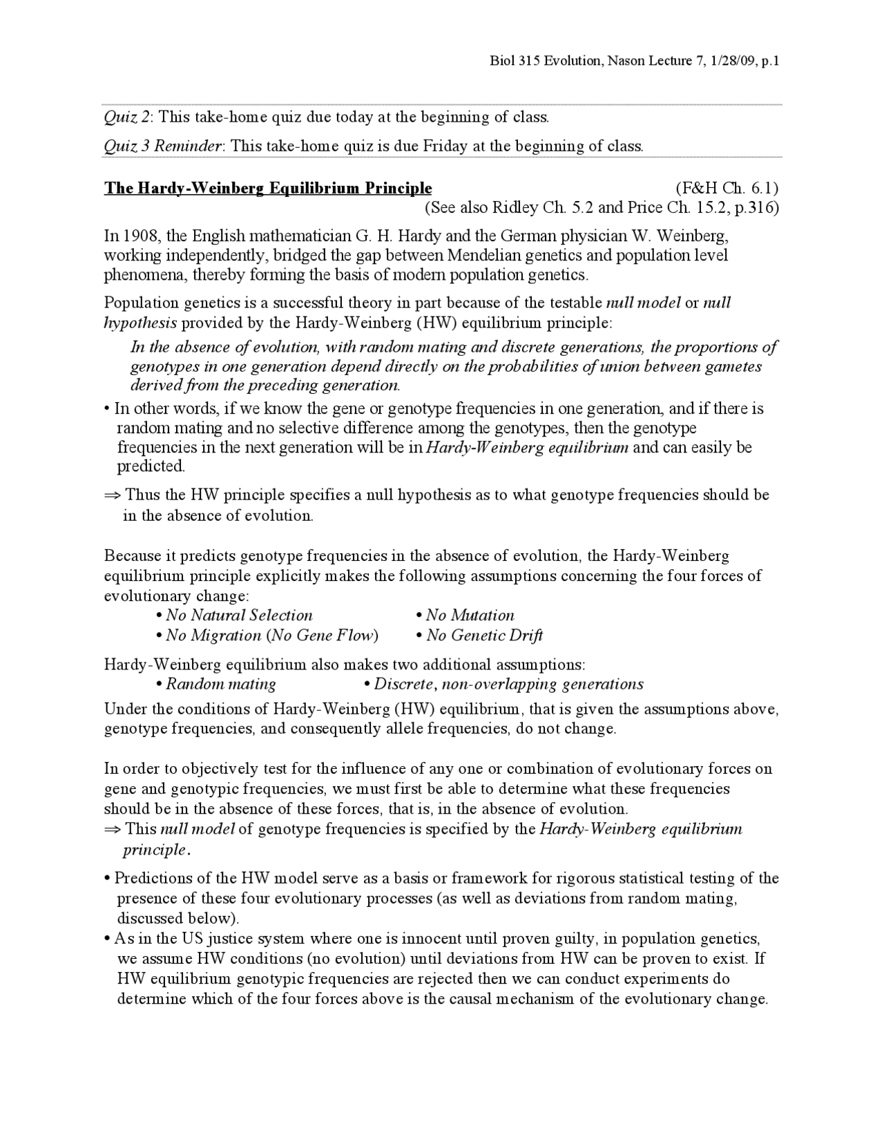 The Hardy Weinberg Equilibrium Principle Notes Biol 315 Docsity