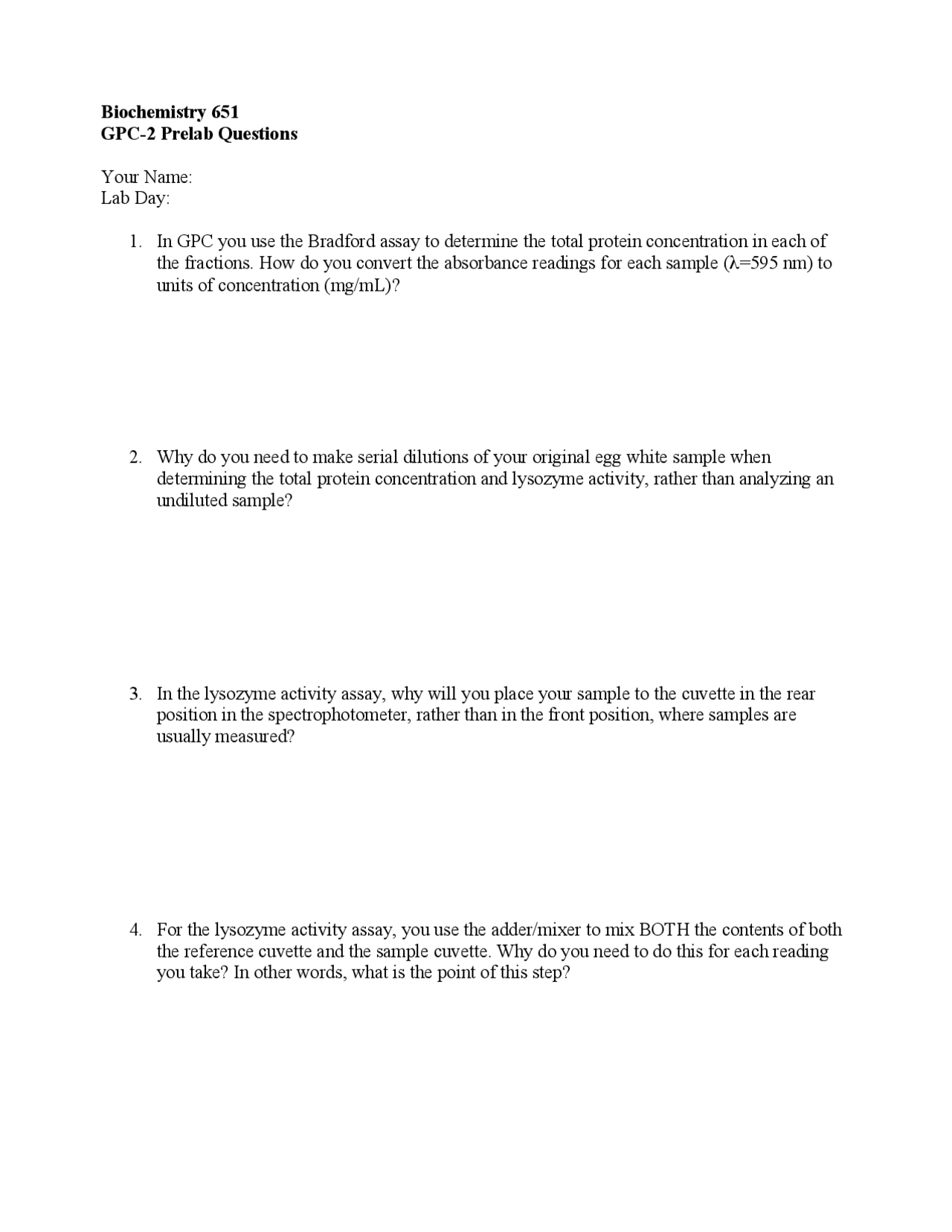 Prelab Questions Biochemical Methods Biochem 651 Docsity