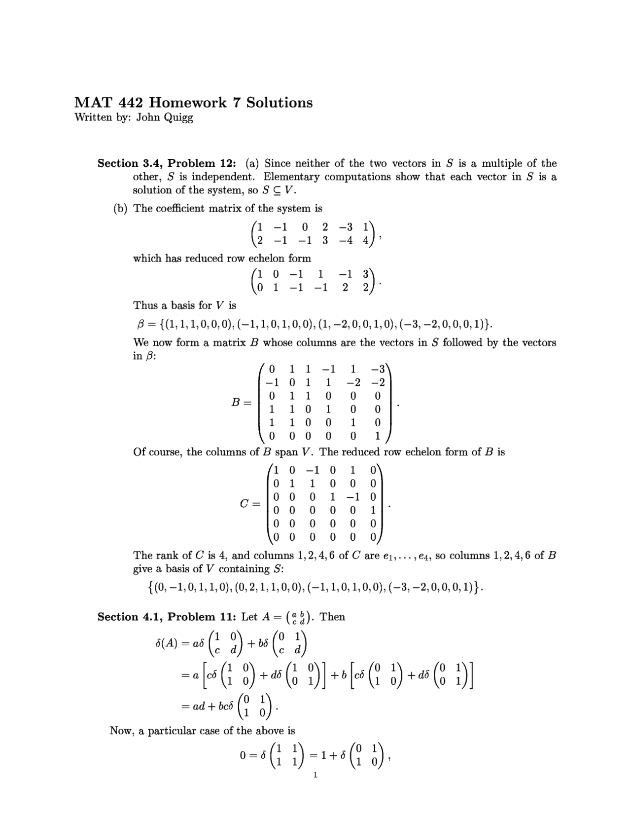 Homework 7 Solutions Advanced Linear Algebra Mat 442 Docsity