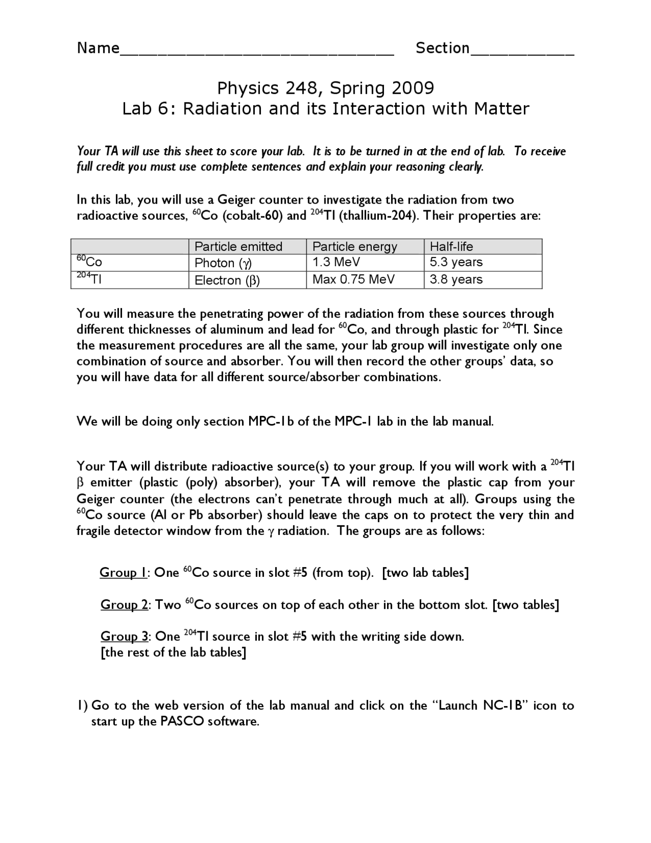 Radiation and Its Interaction with Matter - Lab 6 | PHYSICS 248 - Docsity