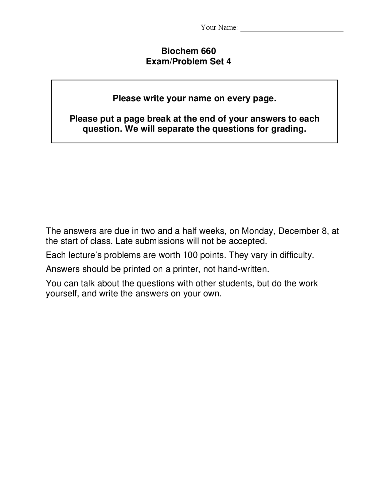 Exam Problem Set 4 Methods In Biochemistry Biochem 660 Docsity