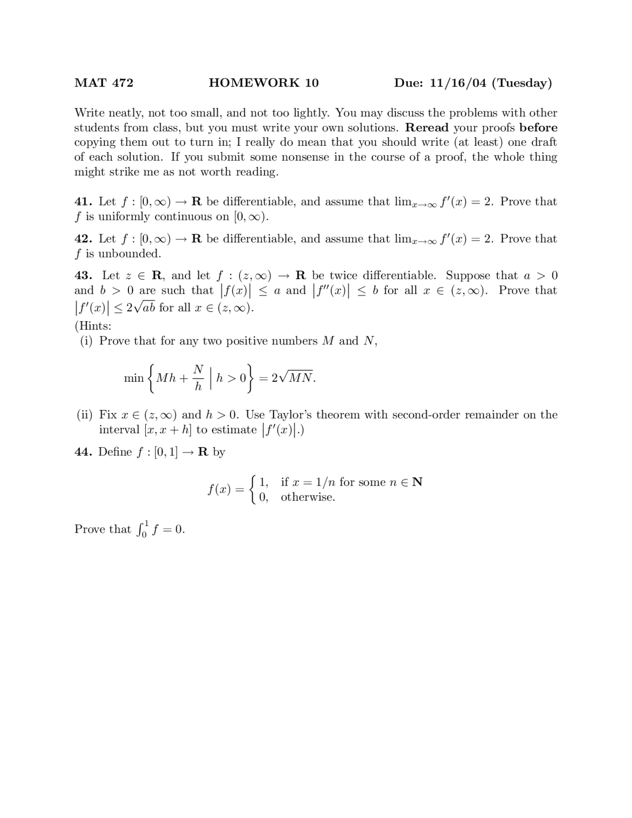Homework 10 Questions Intermediate Real Analysis I Mat 472 Docsity