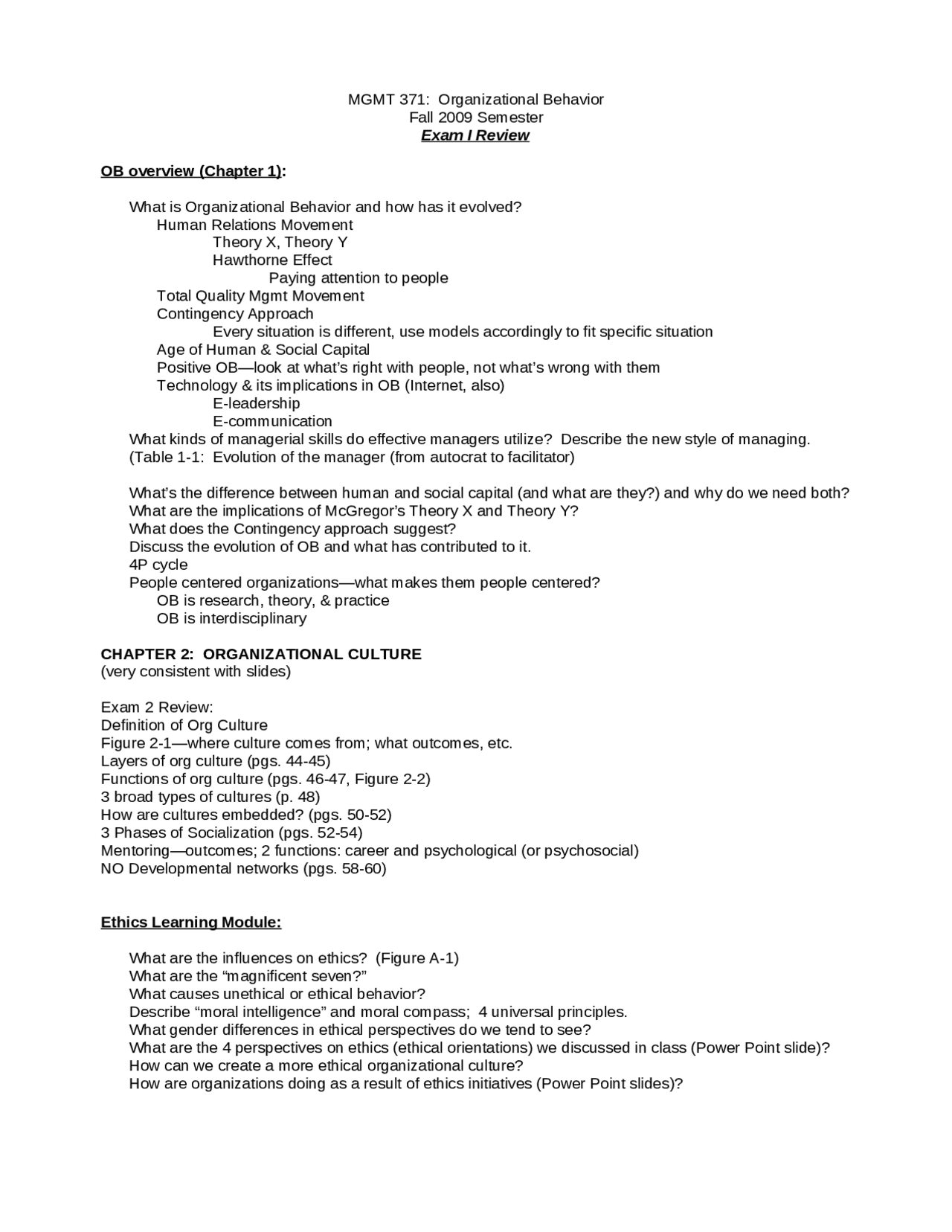 Final 1 Review Organizational Behavior Mgmt 371 Docsity