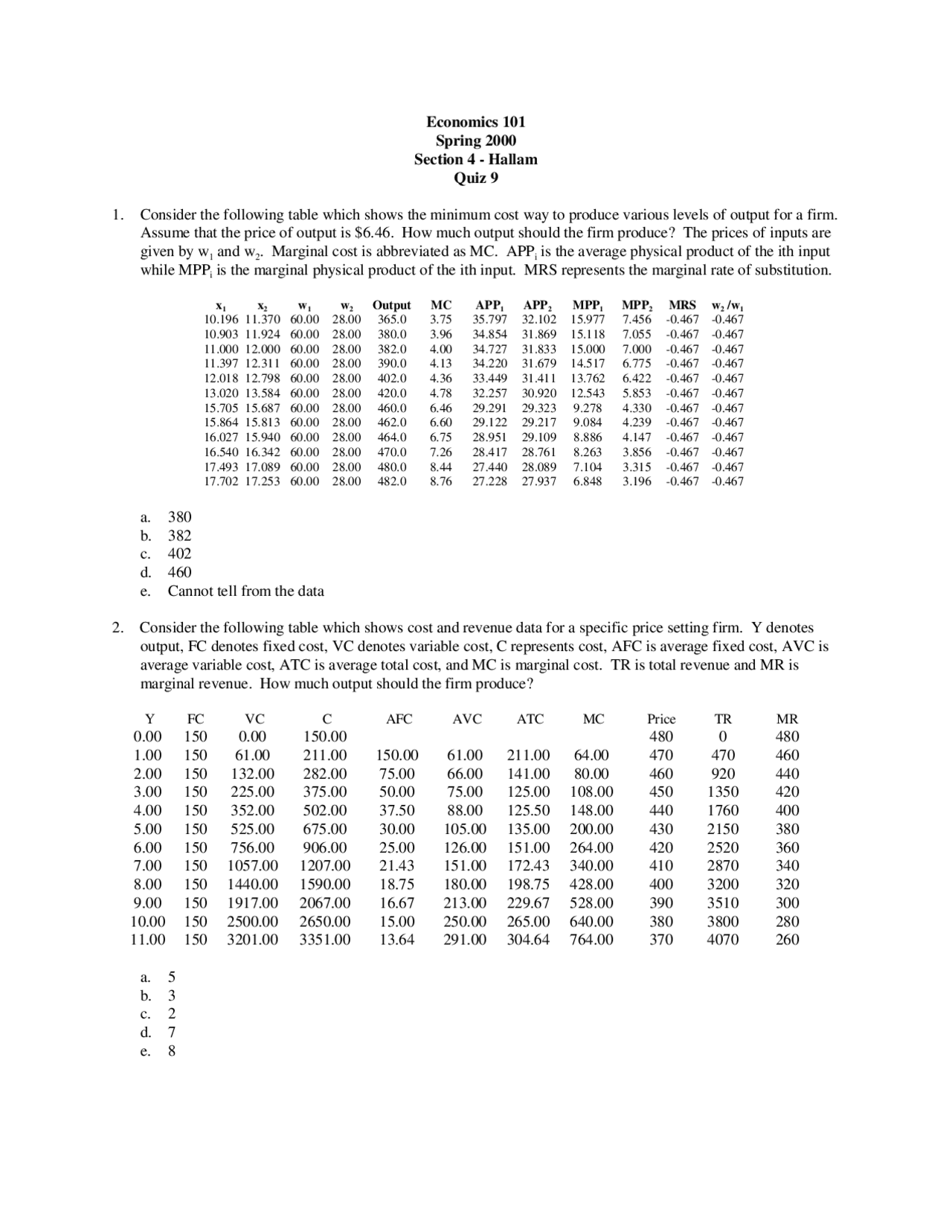 Sample Quiz 9 With Answer Key Principles Of Microeconomics Econ