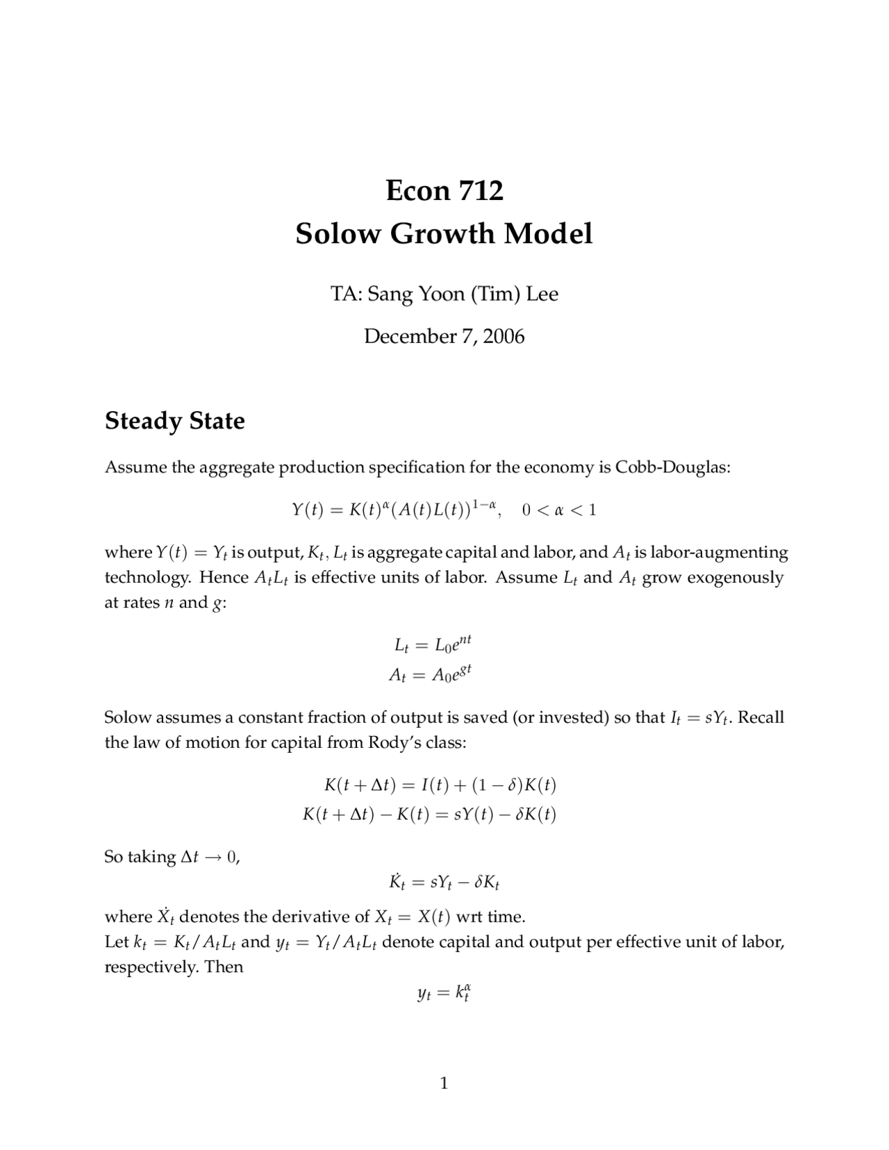Solow Growth Model Micro Economic Analysis Econ 712 Docsity