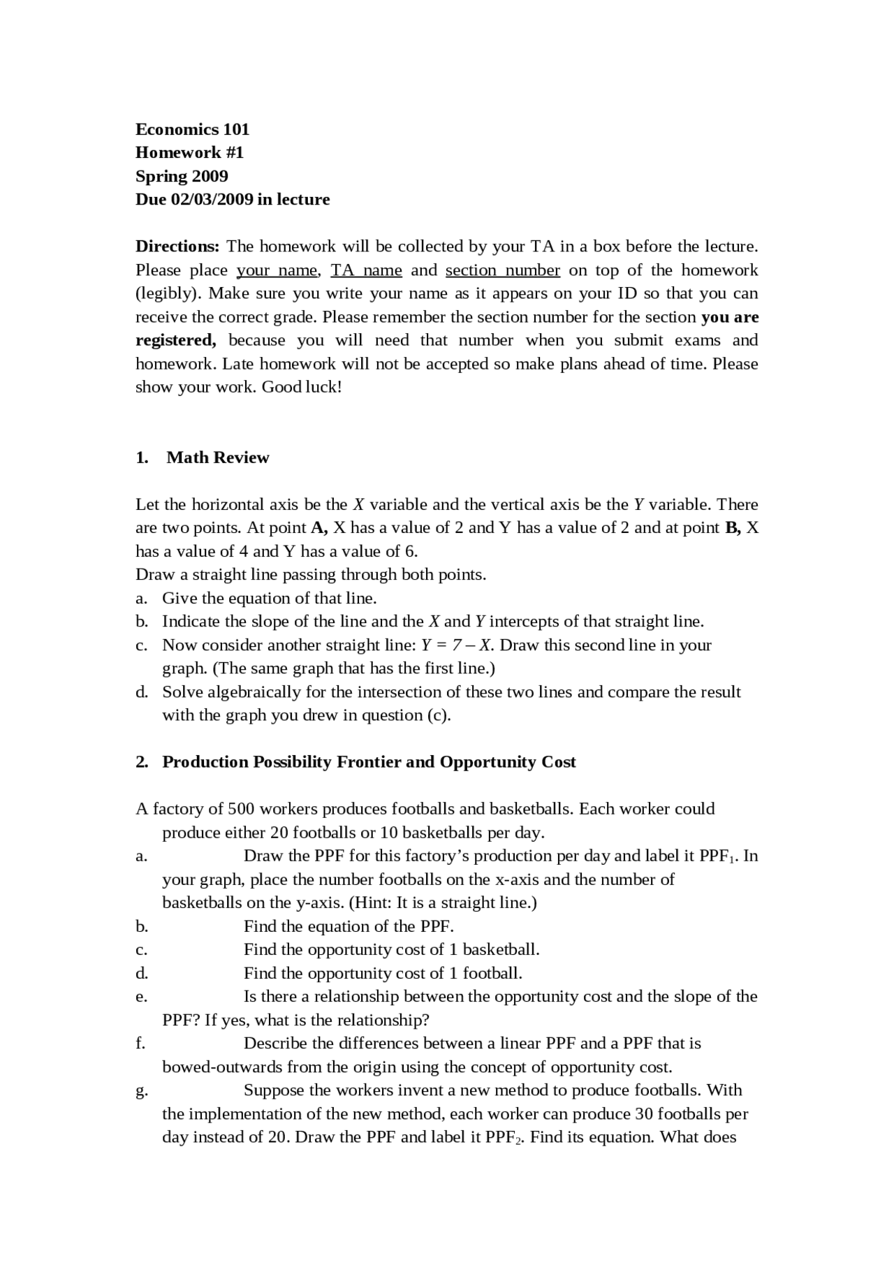 Math Review, Comparative Advantage - Homework 1 - Spring 2009 | ECON ...