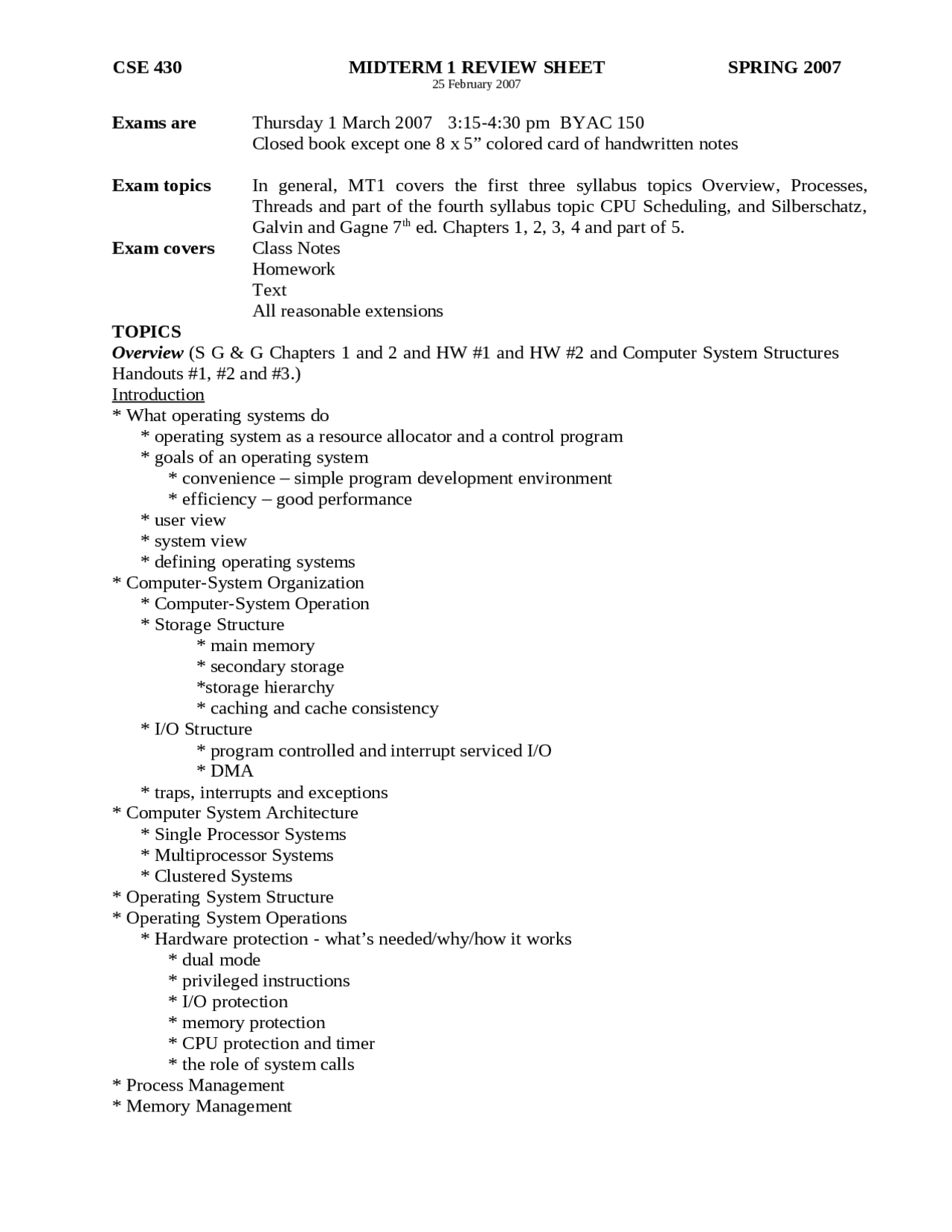 Computer Systems Structure Midterm Review Sheet Cse 430 Docsity