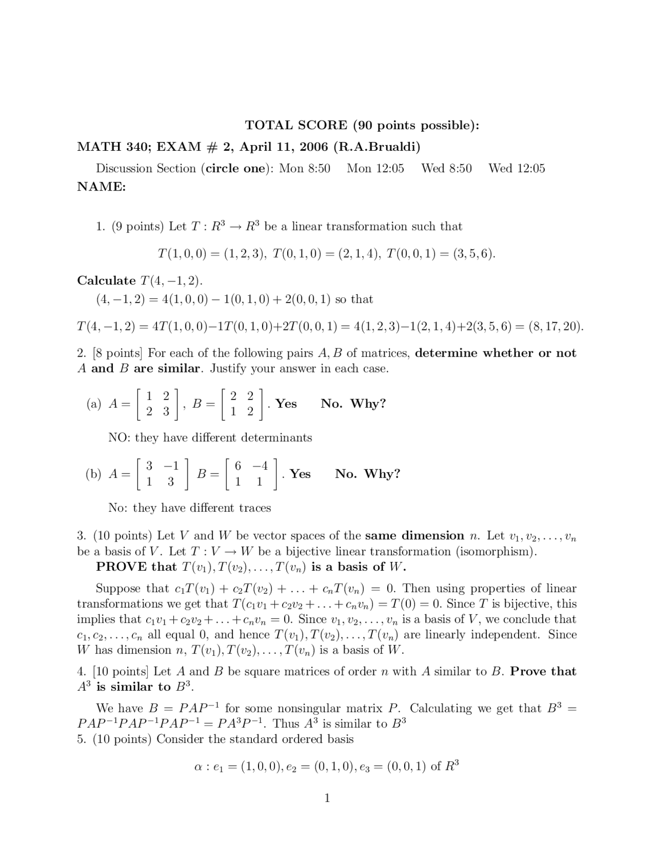 Linear Transformations and Vector Spaces | Exams Mathematics | Docsity