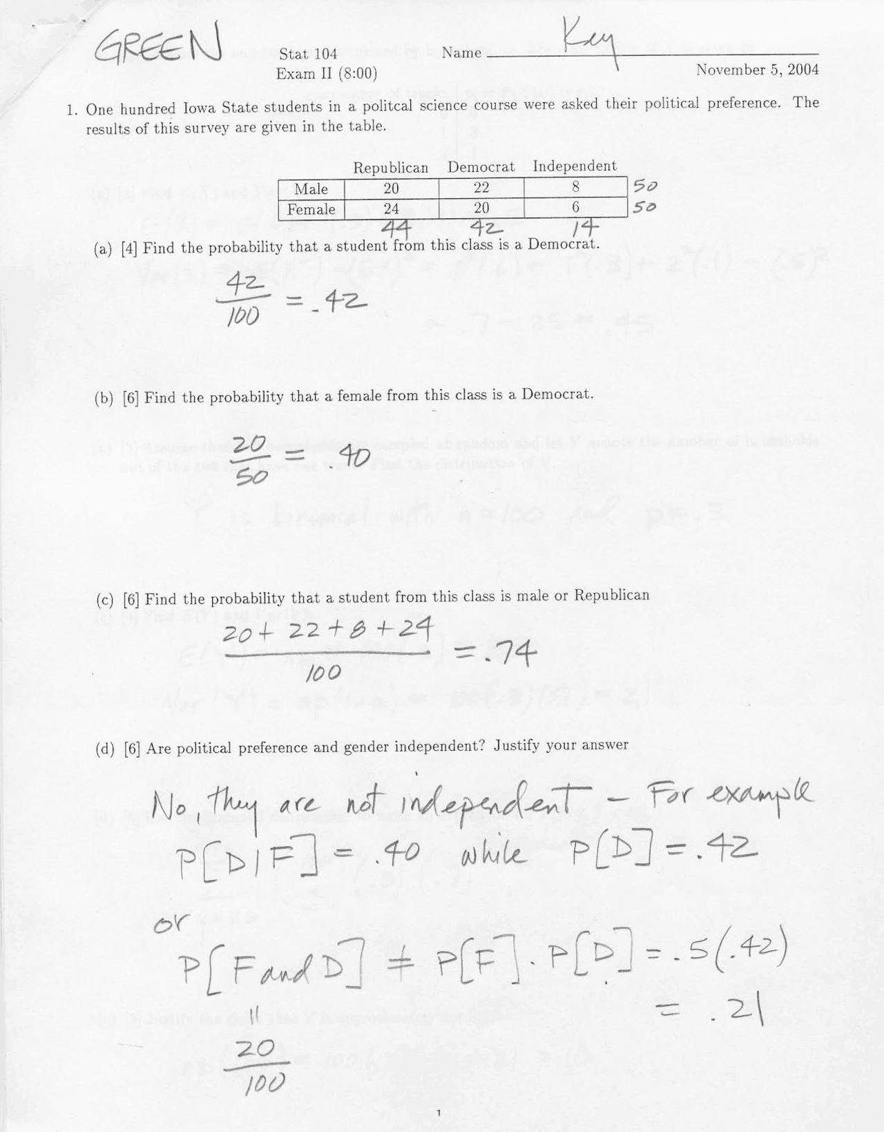 Exam With Answers Key Introduction To Statistics Stat 104 Docsity